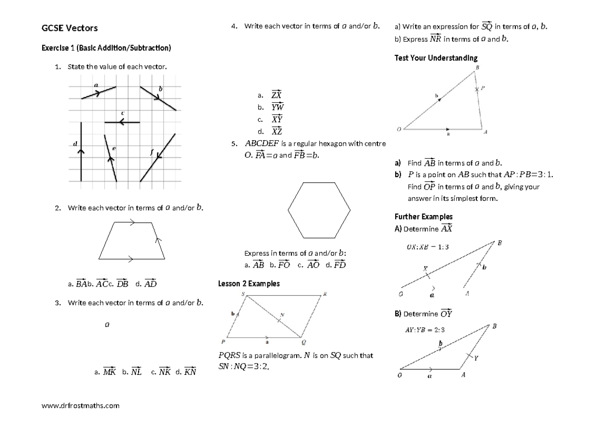 GCSE-Vector Worksheet - GCSE Vectors Exercise 1 (Basic Addition ...