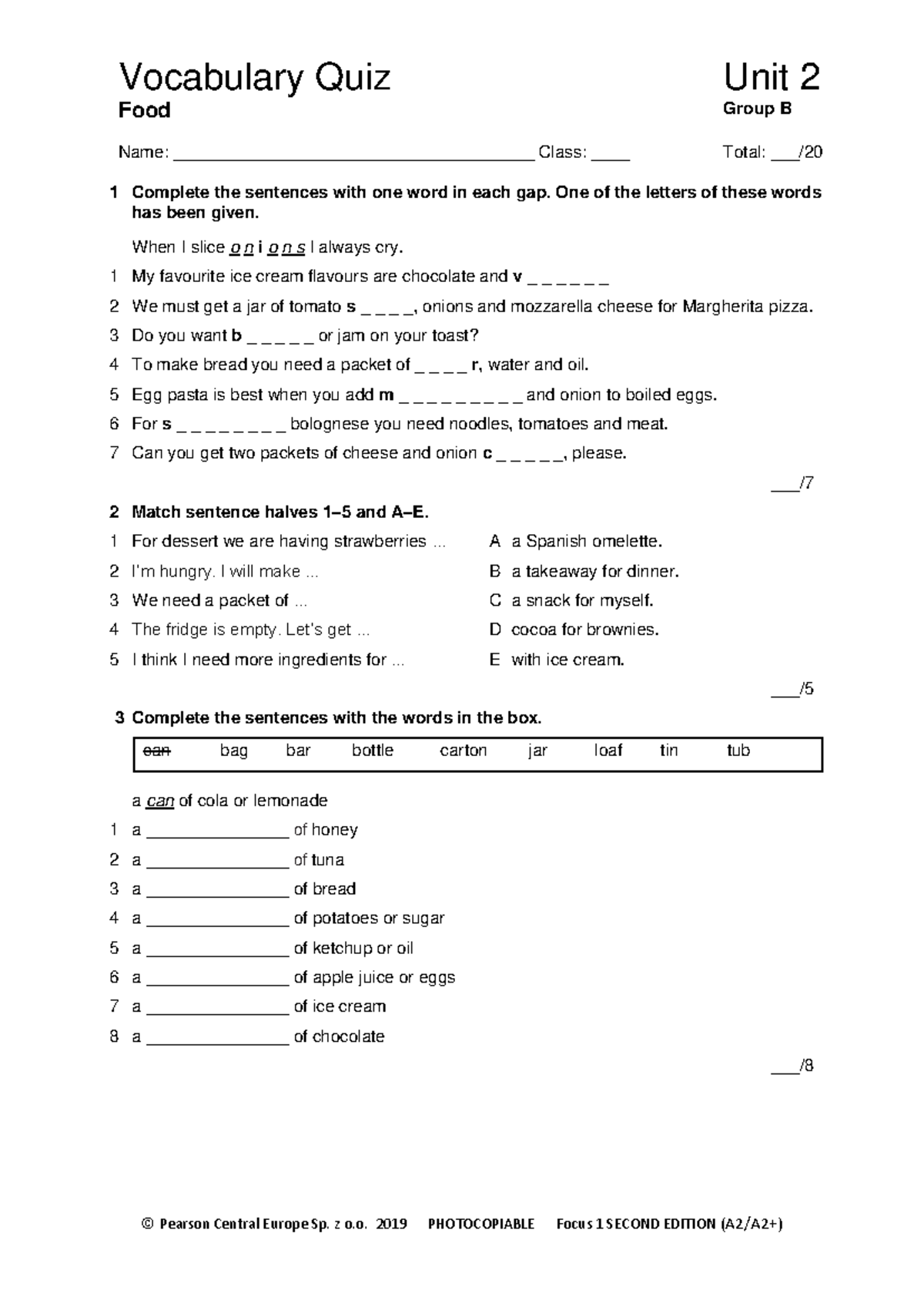 Focus 1 2E Vocabulary Quiz Unit2 Group B - Vocabulary Quiz Unit 2 Food ...
