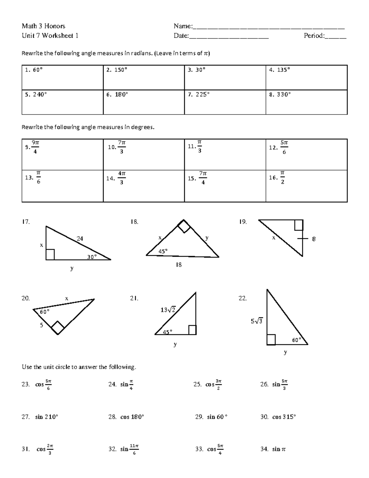 Unit 7 Math 3 HN Worksheet 1B-Radians, Special Triangles, The Unit ...