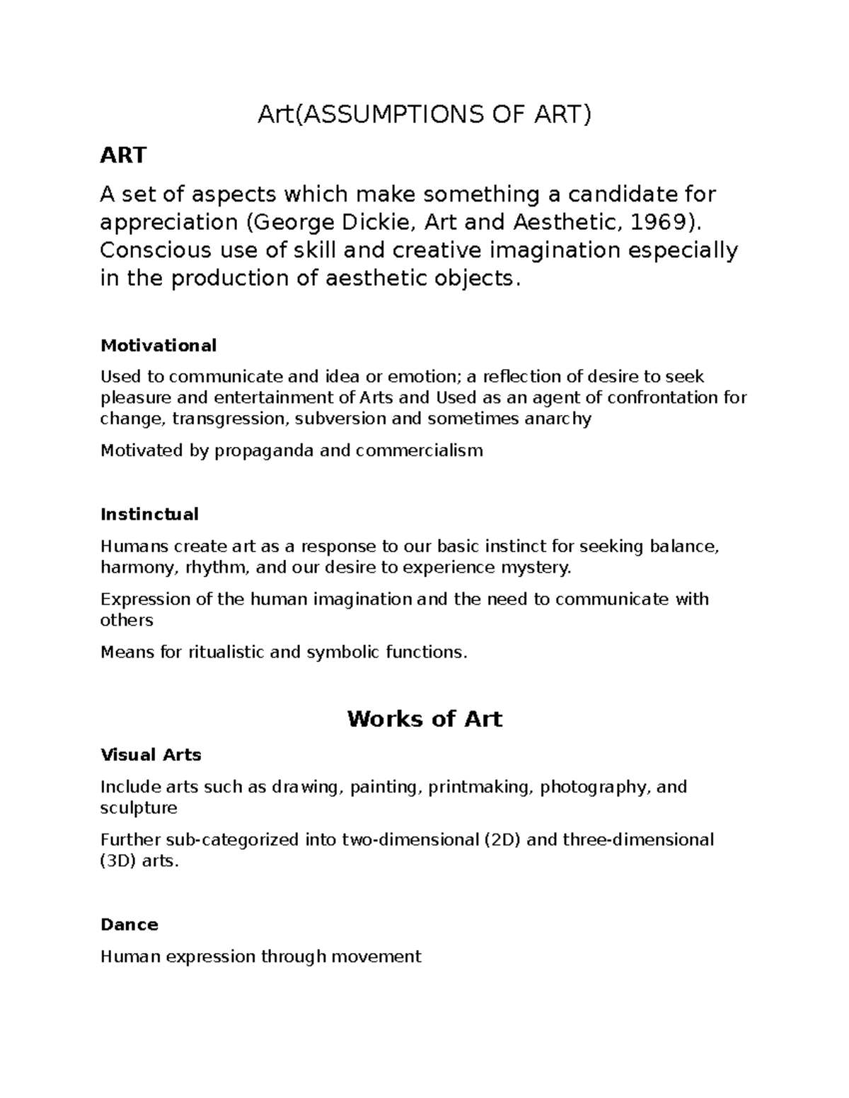 Nature OF ART Art Appreciation - Art(ASSUMPTIONS OF ART) ART A set of ...