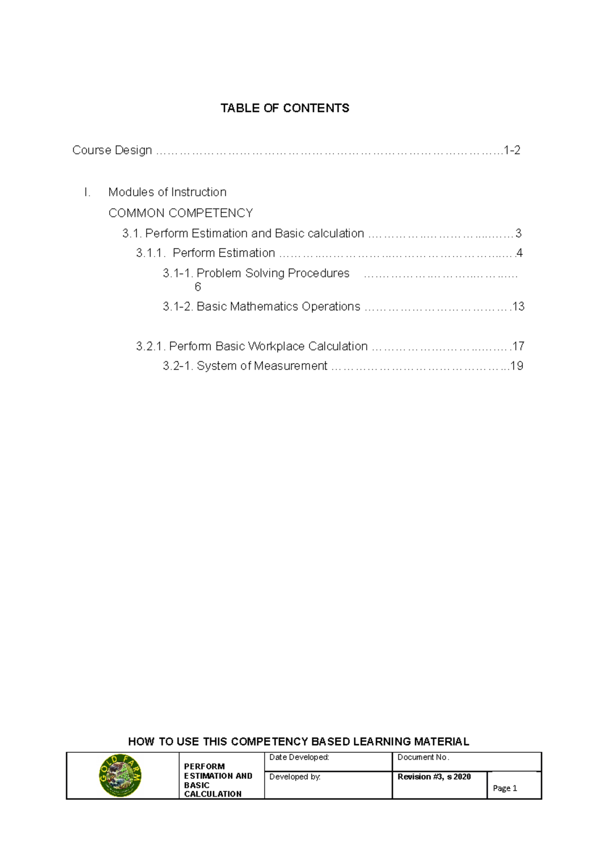 3. Perform Estimation AND Calculations - TABLE OF CONTENTS Course Design - Studocu