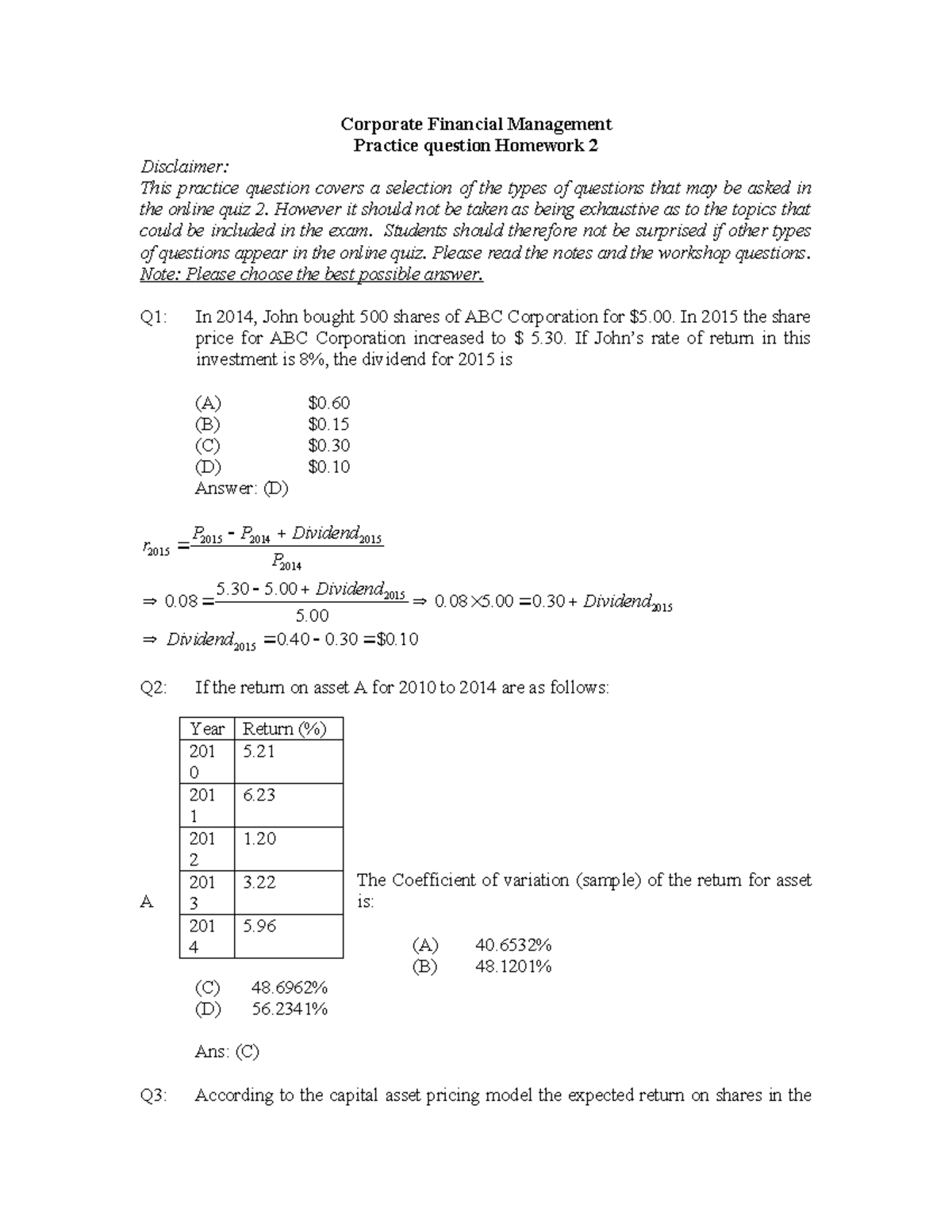 Practice questions for online quiz 2 final - Corporate Financial ...