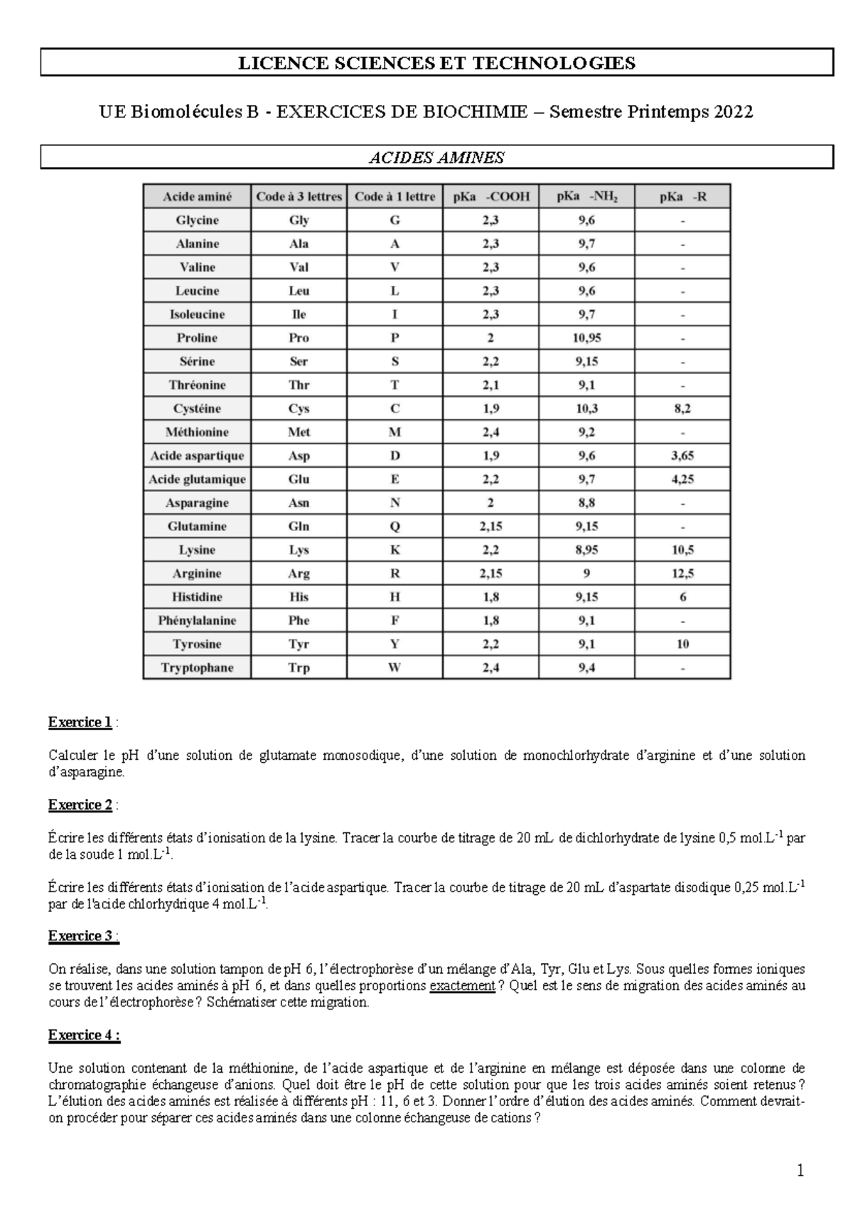 TD Biom B printemps 2022 - LICENCE SCIENCES ET TECHNOLOGIES UE Biomolécules B - EXERCICES DE ...