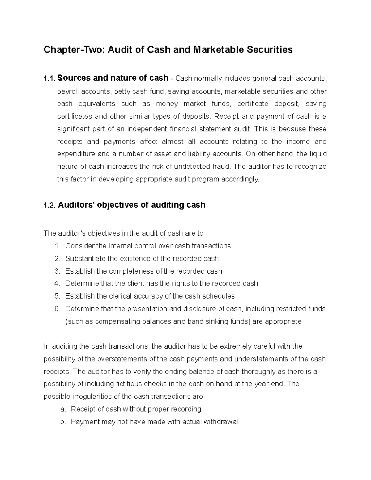 Auditing 2 - Chapter Two Cash - Chapter-Two: Audit of Cash and ...