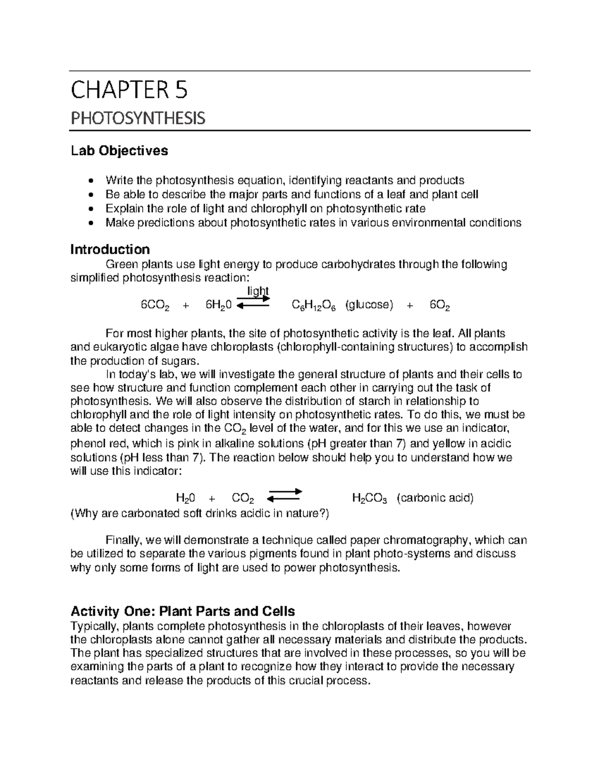 LM EX5 Photosynthesis-1 - CHAPTER 5 PHOTOSYNTHESIS Lab Objectives Write ...