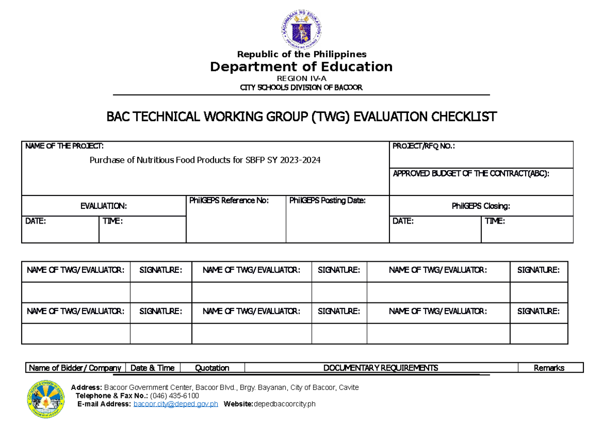 TWG Evaluation Checklist SBFP supplies - Republic of the Philippines ...