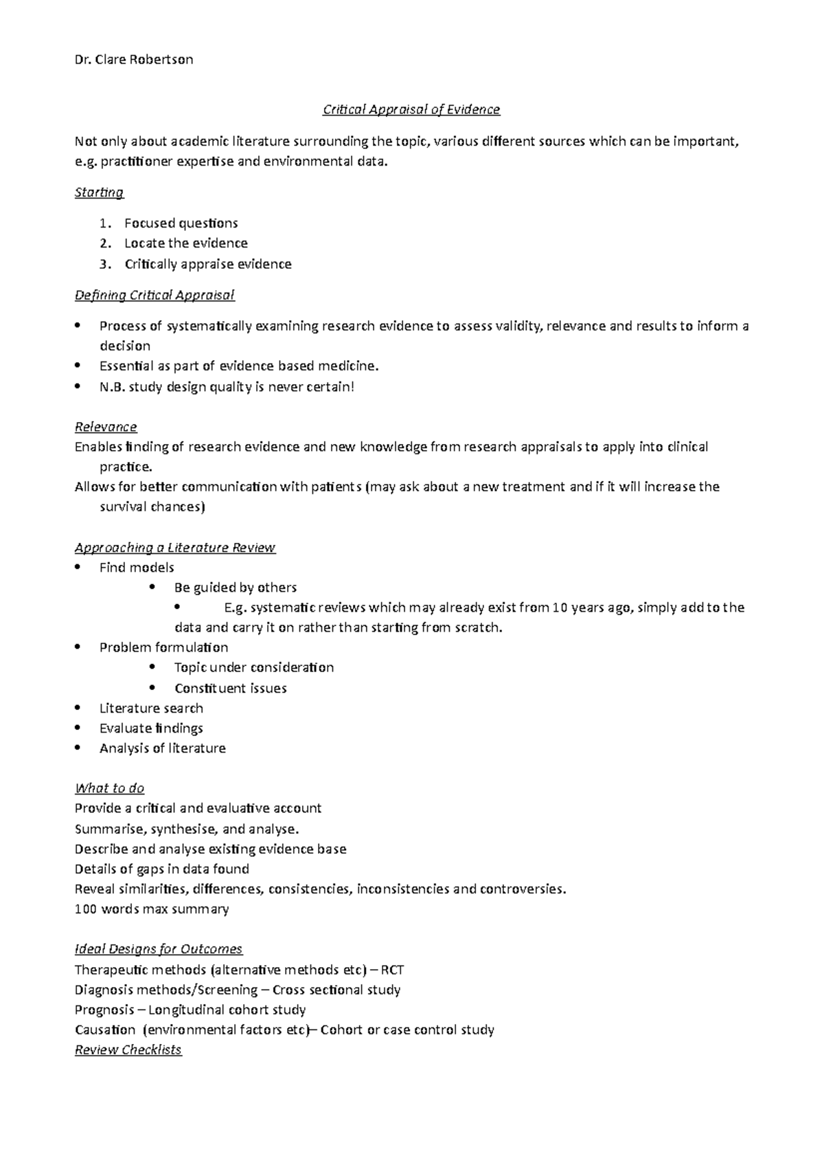 Critical Appraisal of Evidence - Dr. Clare Robertson Critical Appraisal ...