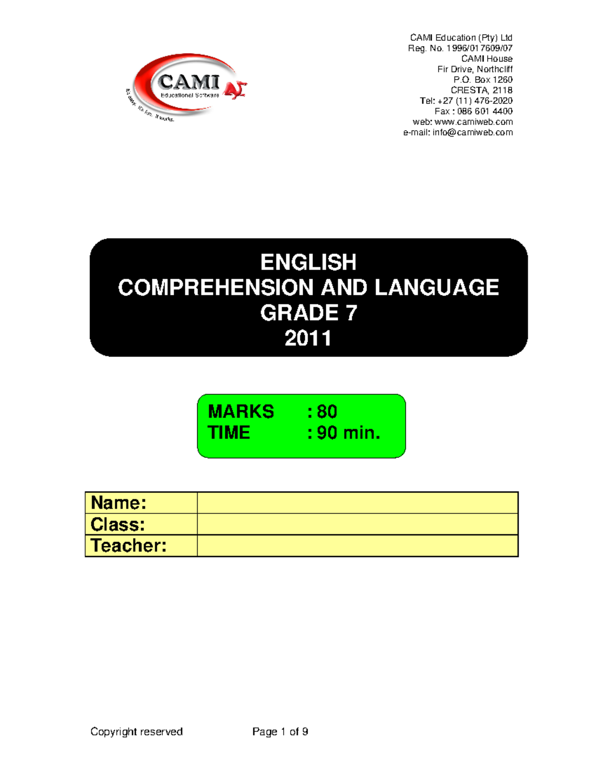 Grade 7 English paper - CAMI Education (Pty) Ltd Reg. No. 1996/017609 ...