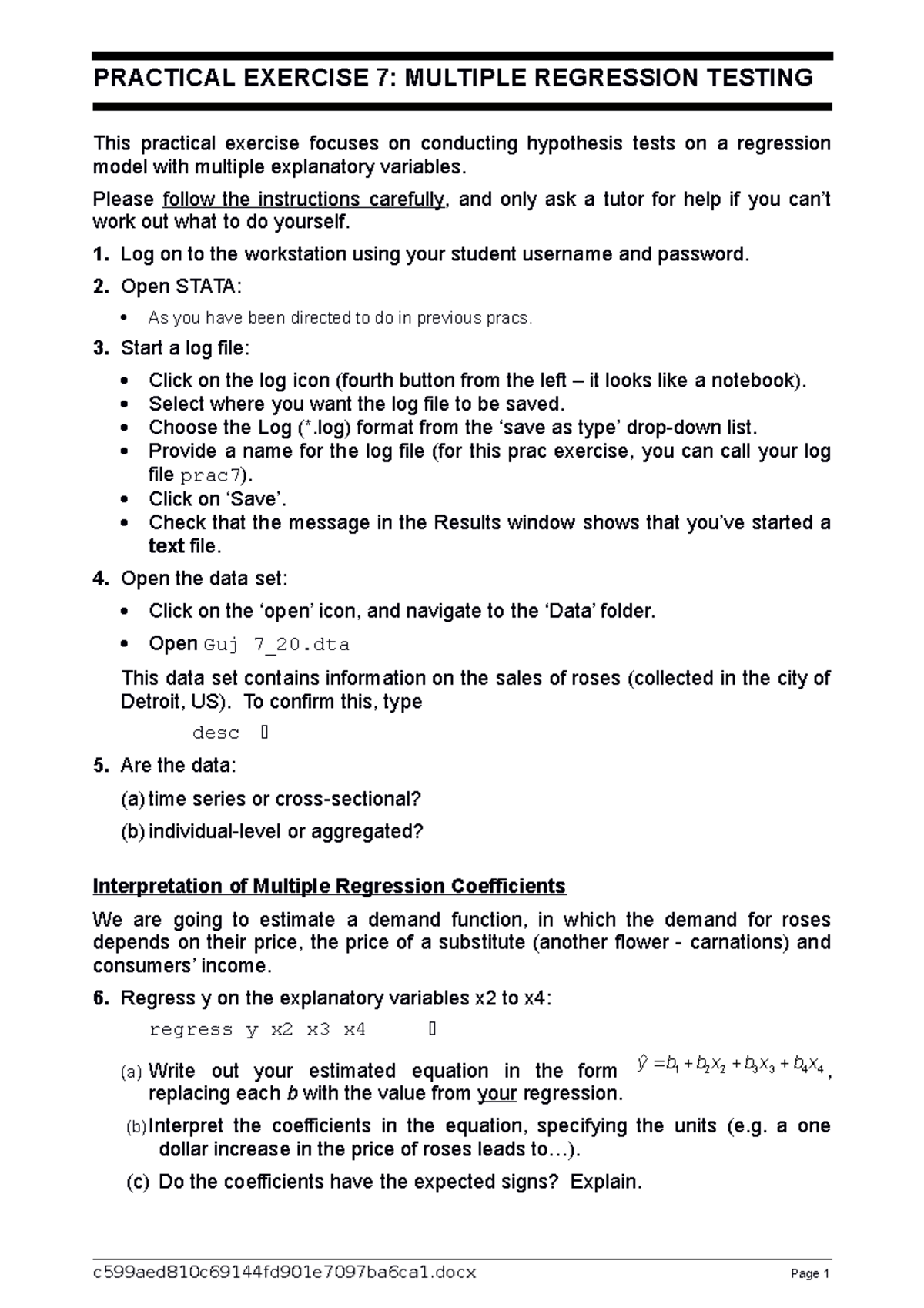 Prac Multiple Regression Testing Practical Exercise 7 Multiple Regression Testing This