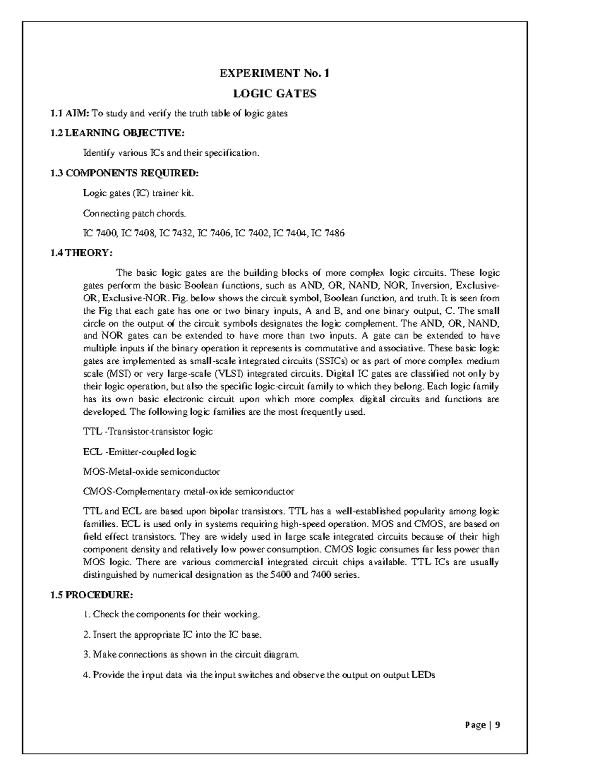 II YEAR DLD LAB Manual - EXPERIMENT No. 1 LOGIC GATES 1 AIM: To study ...