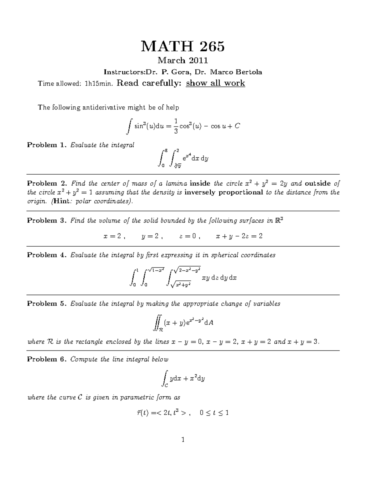 Midterm December 2011, questions - MATH 265 March 2011 Instructors:Dr ...