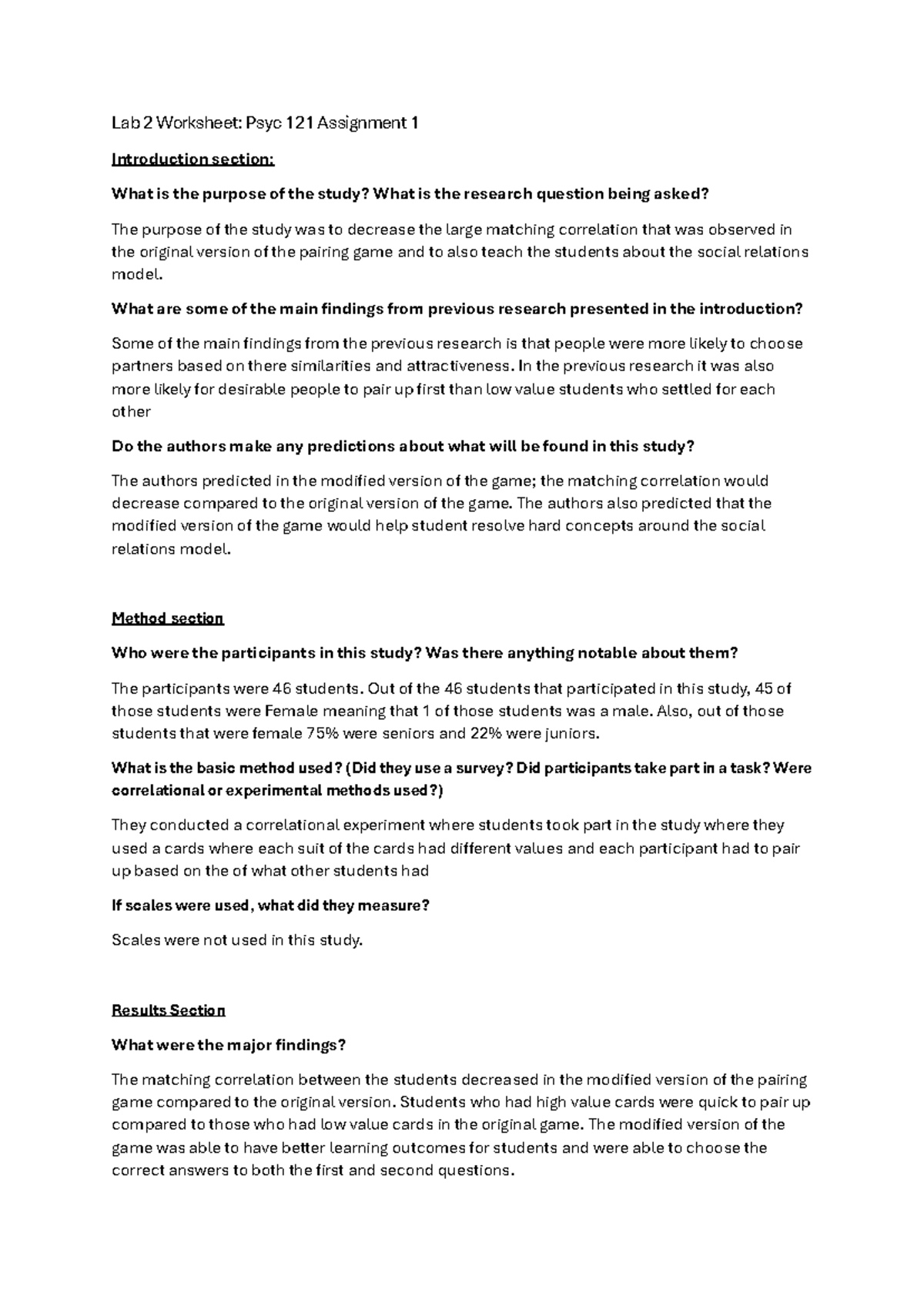 Psyc 121 assignment 1 - Lab 2 Worksheet: Psyc 121 Assignment 1 Introduction section: What is the ...