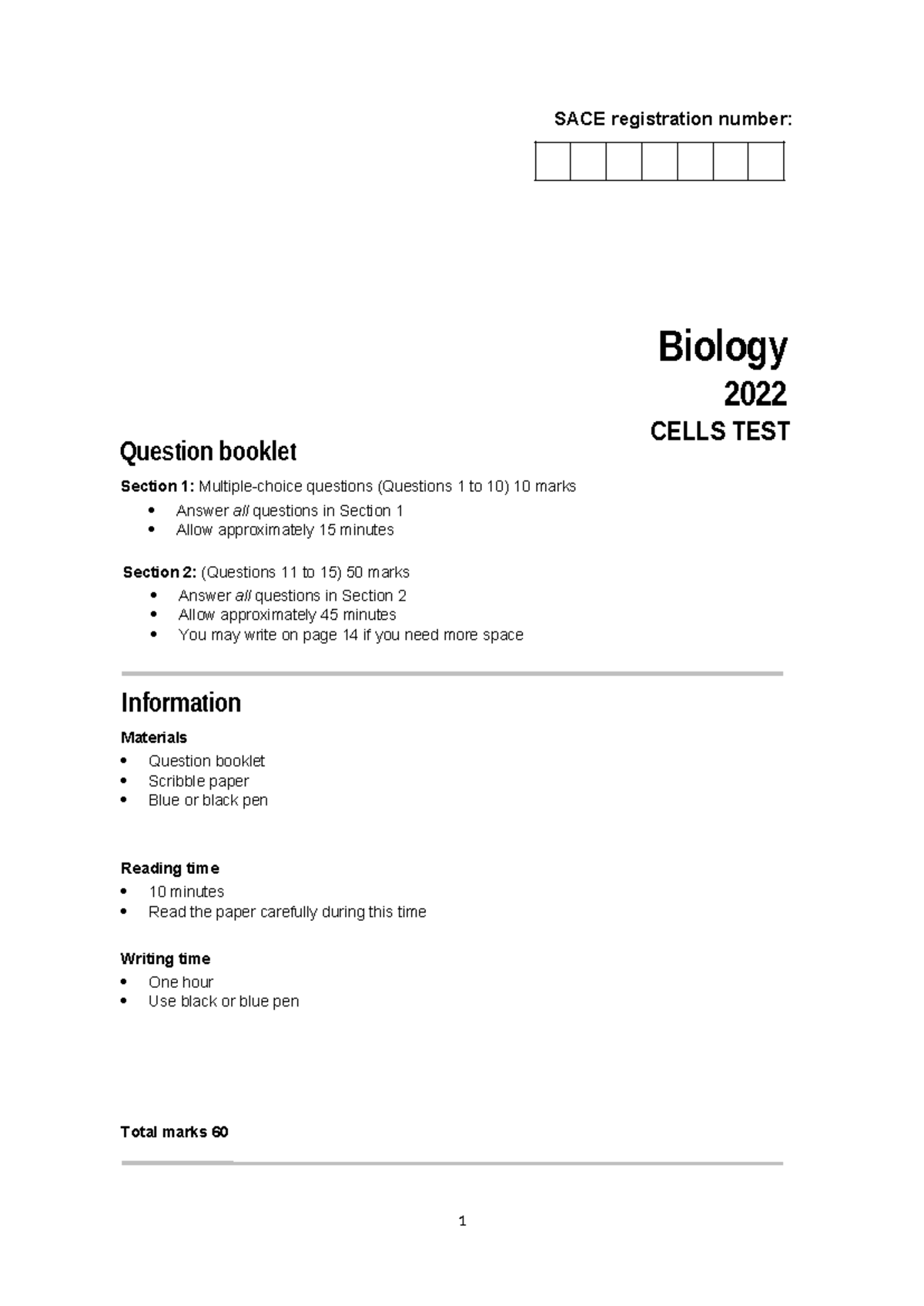 Cells Practice Test - Biology 2022 Question booklet Section 1: Multiple ...