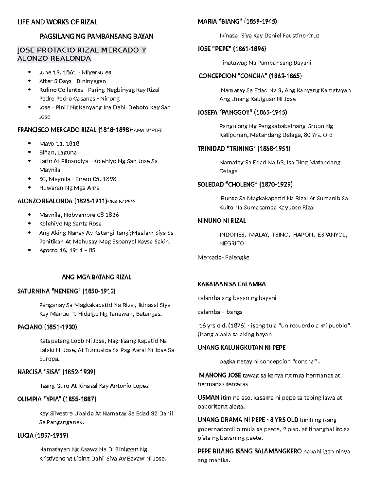 L1- Rizal- Reviewer - LIFE AND WORKS OF RIZAL PAGSILANG NG PAMBANSANG ...