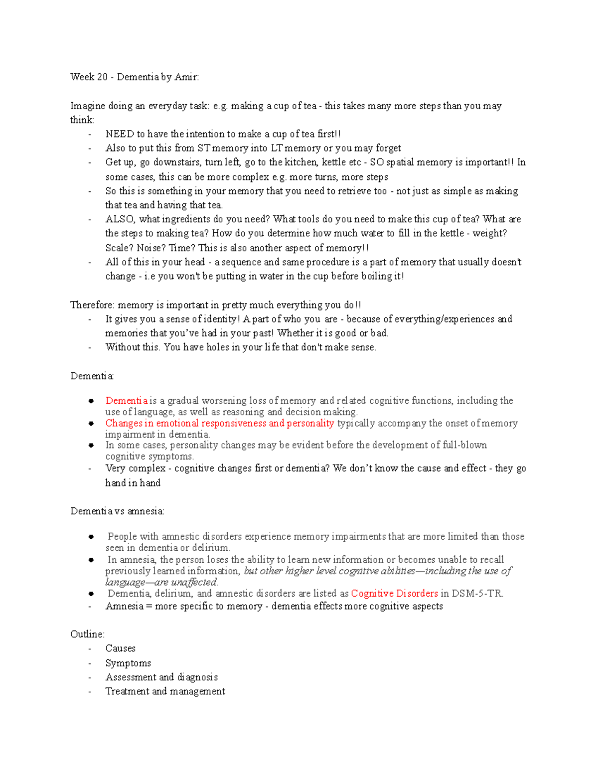 SP641 dementia - Lecture notes 20 - Week 20 - Dementia by Amir: Imagine ...