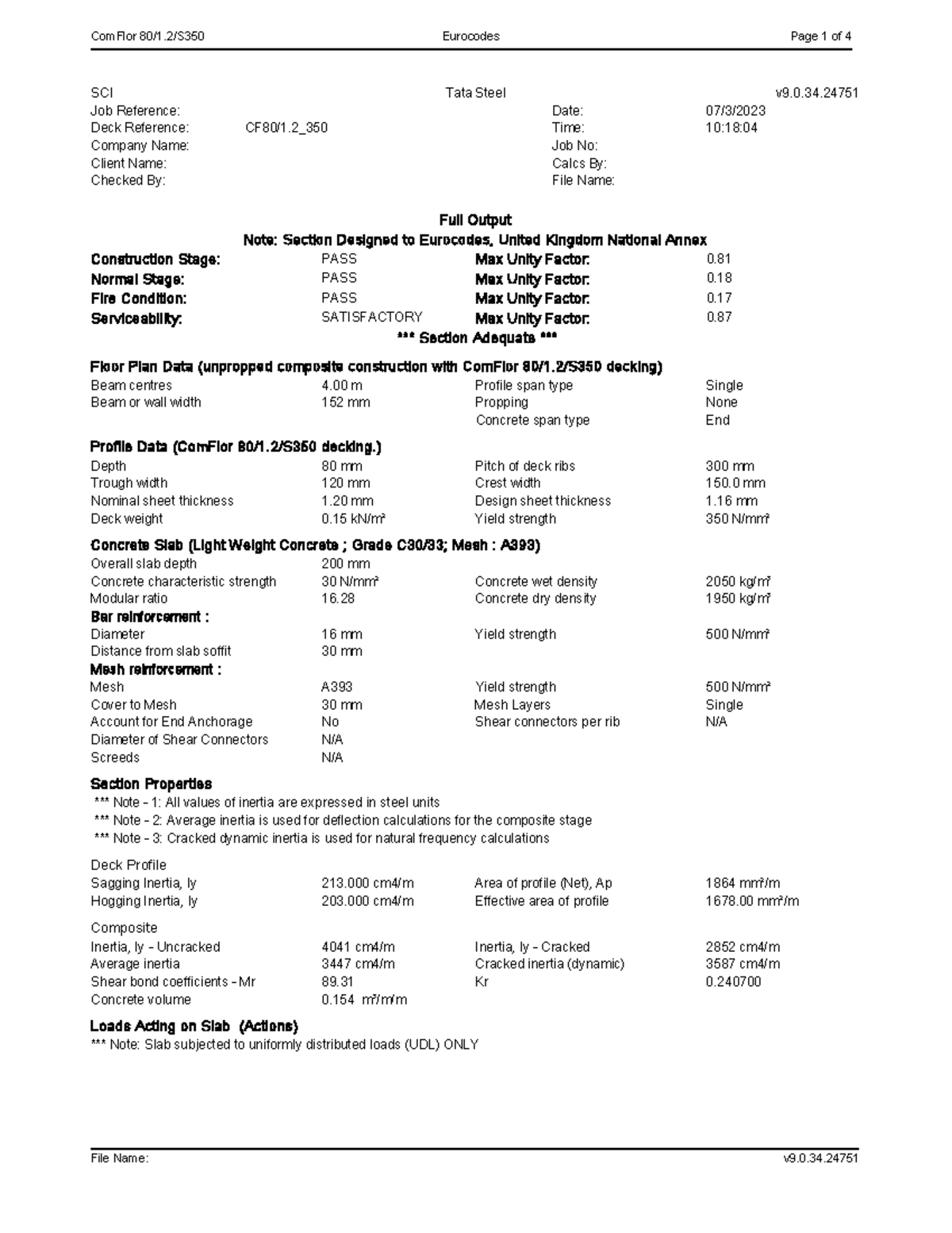 composite slab report - SCI Tata Steel v9.0. Job Reference: Date: 07/3 ...