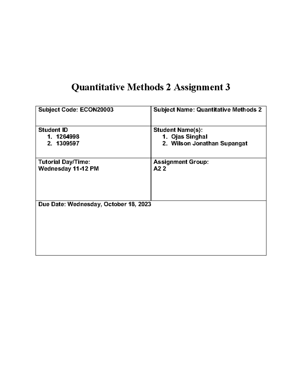 Qm2 Assignment 3 Quantitative Methods 2 Assignment 3 Subject Code Econ20003 Subject Name