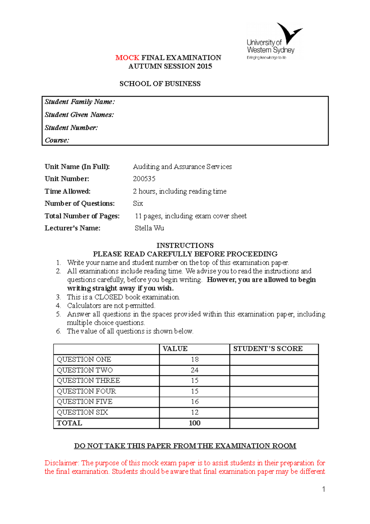 Sample/practice exam June 2015, questions and answers - MOCK FINAL ...