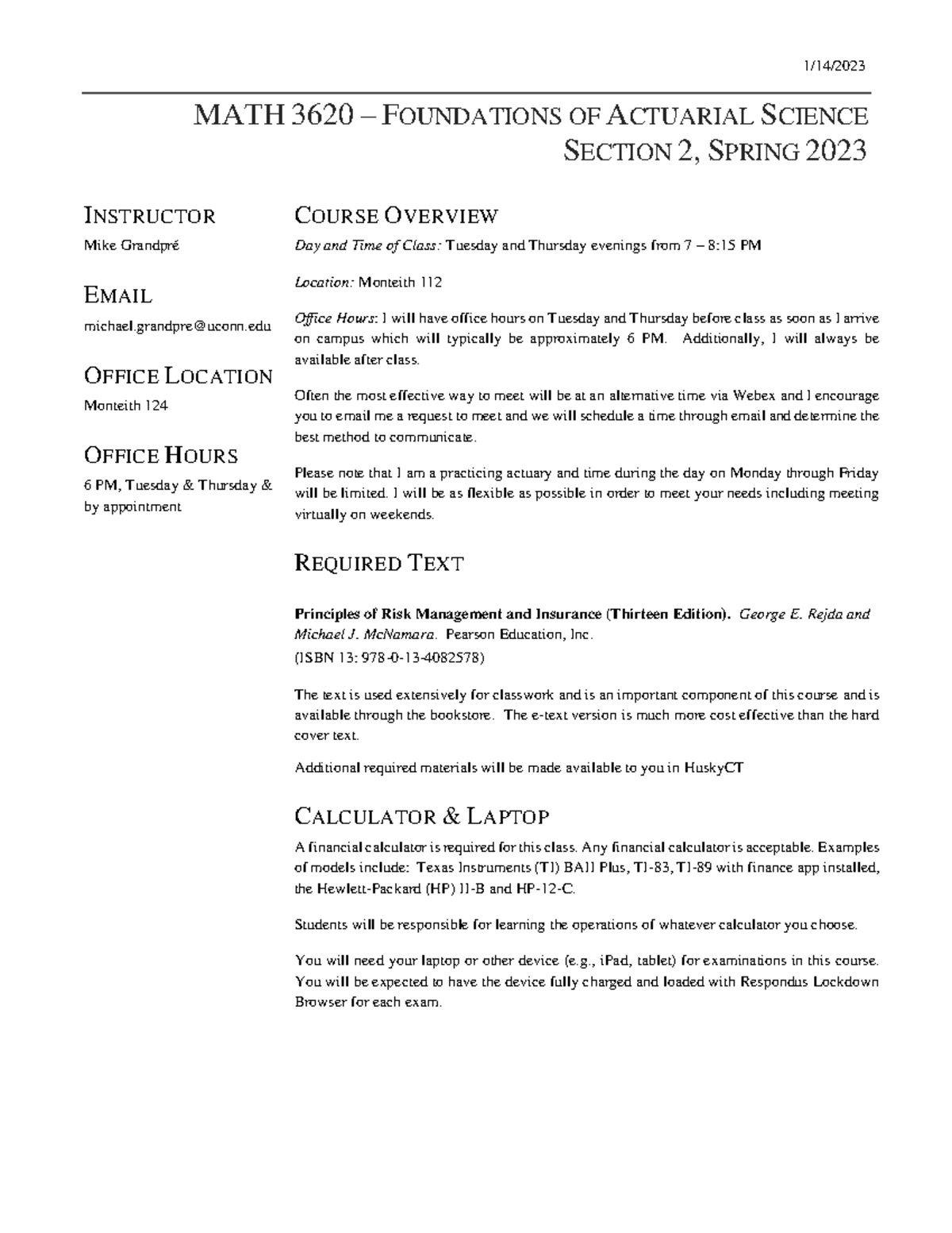 Math 3620 Syllabus - Spring 2023 - 1/14/ MATH 3620 – FOUNDATIONS OF ...