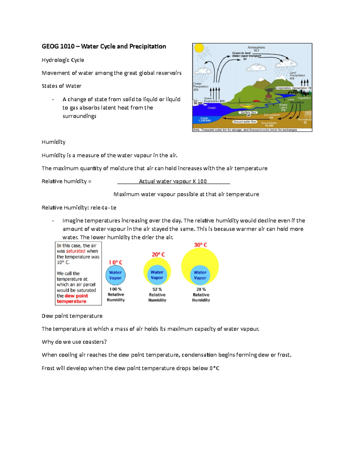 Water cycle and percipitation notes - GEOG 1010 – Water Cycle and ...
