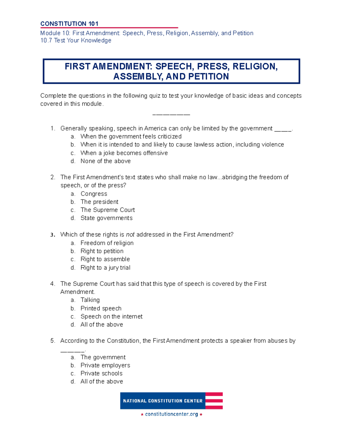 First amendment quiz - Module 10: First Amendment: Speech, Press ...