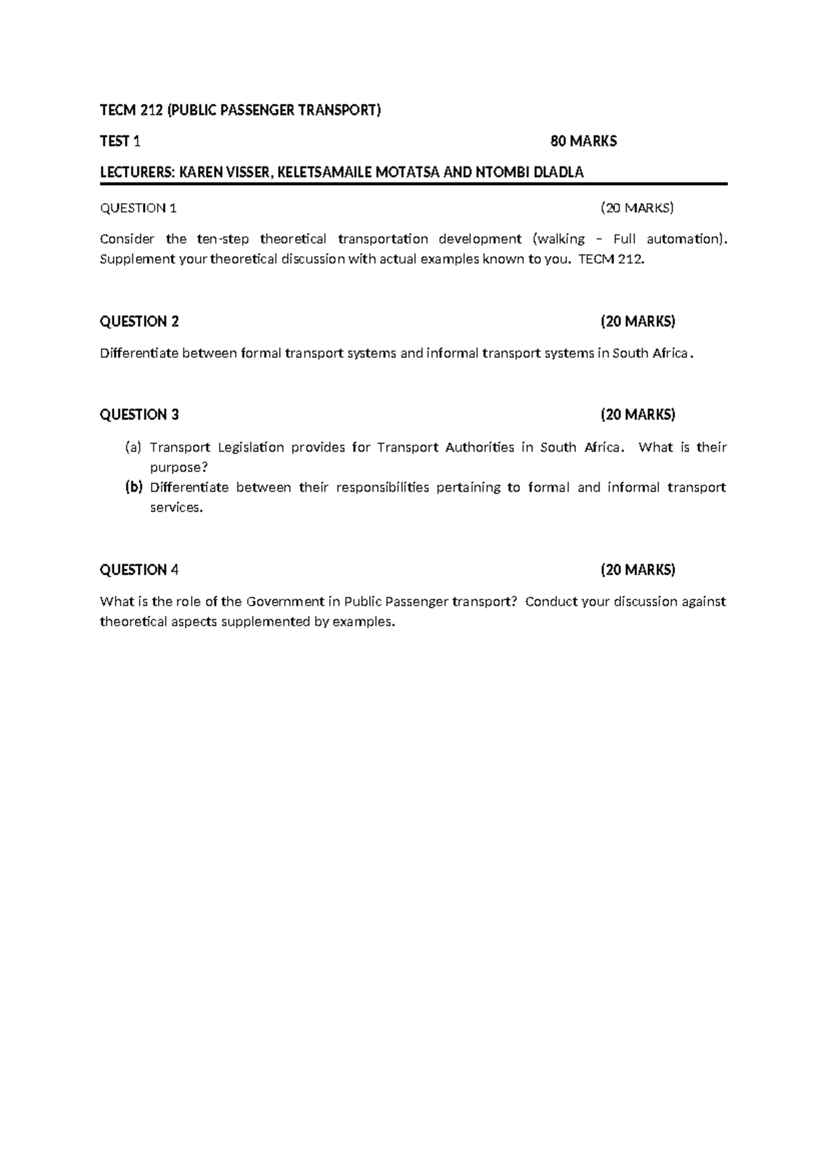 TECM 212 2024 TEST 1 KV - TECM 212 (PUBLIC PASSENGER TRANSPORT) TEST 1 ...