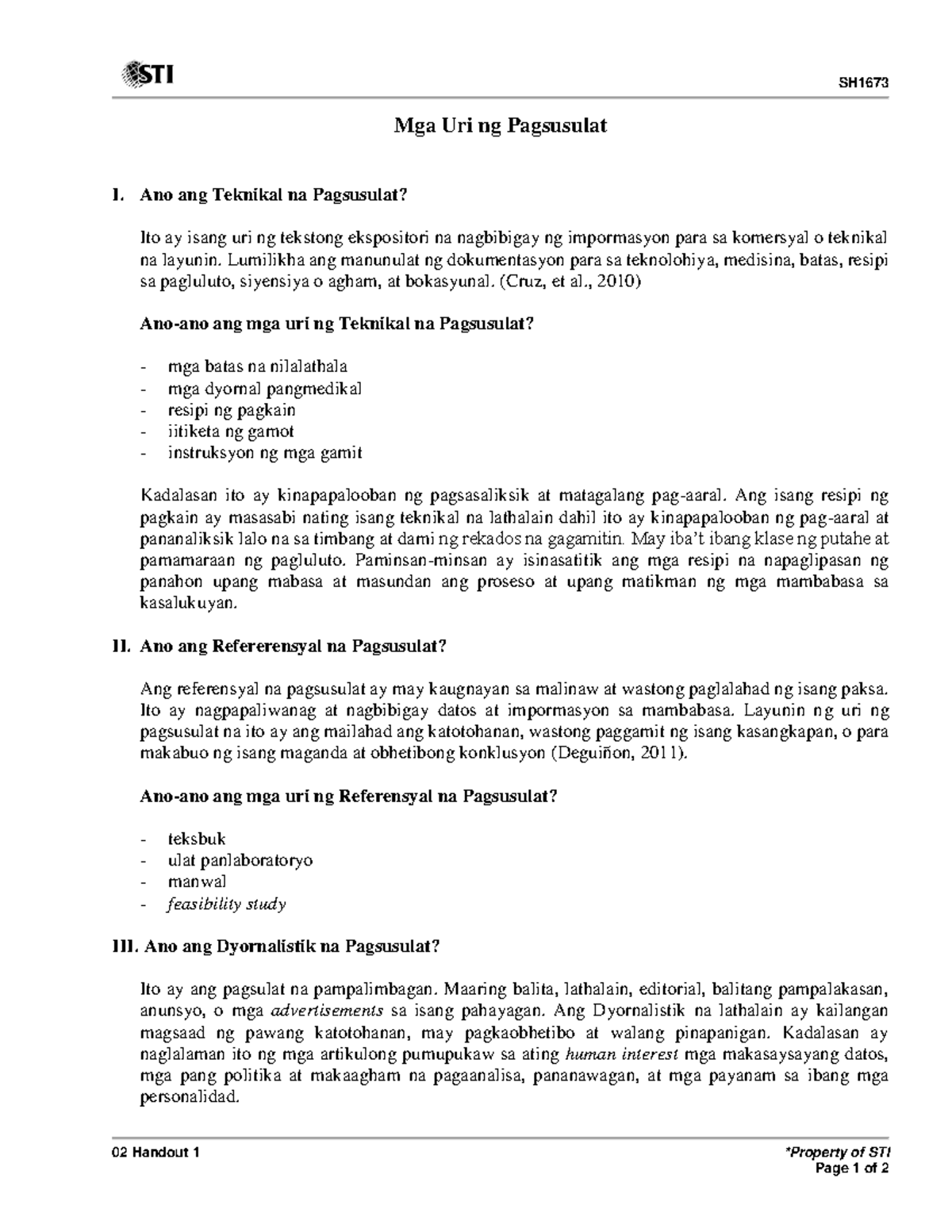 02 Handout 1 - For you - SH 02 Handout 1 *Property of STI Page 1 of 2 Mga Uri ng Pagsusulat I ...