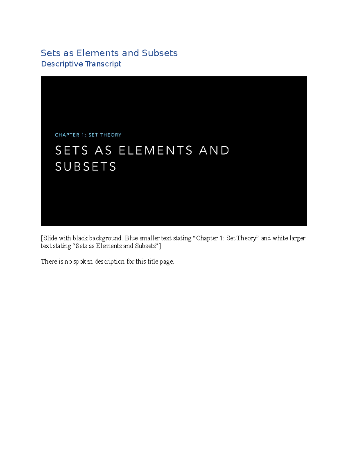 Setsas Elementsand Subsets-Descriptive Transcript - Sets as Elements and Subsets Descriptive ...