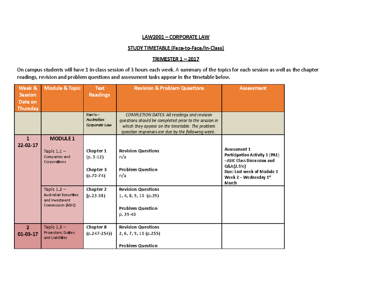 Corp Law - Class timetable - LAW2001 – CORPORATE LAW STUDY TIMETABLE ...