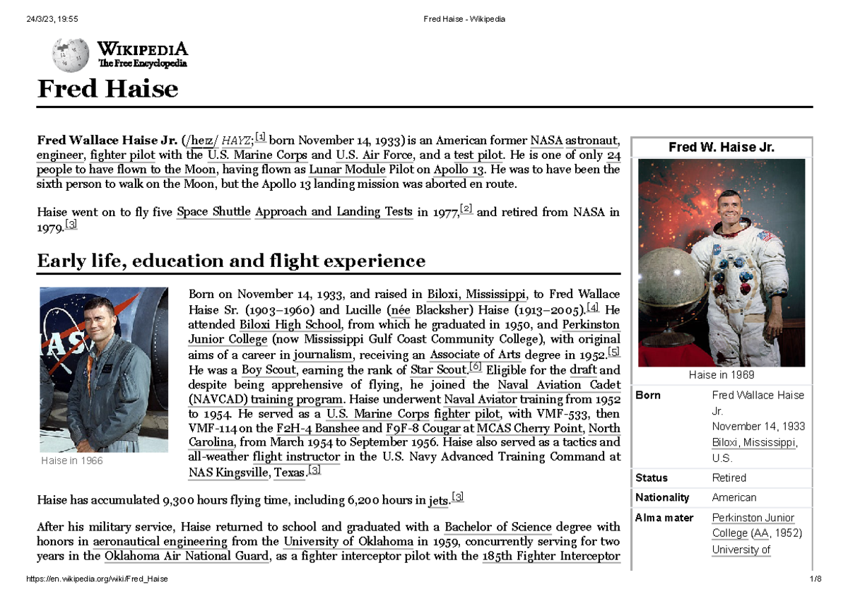 Fred Haise - Wikipedia - sfafsaf - Fred W. Haise Jr. Haise in 1969 Born ...