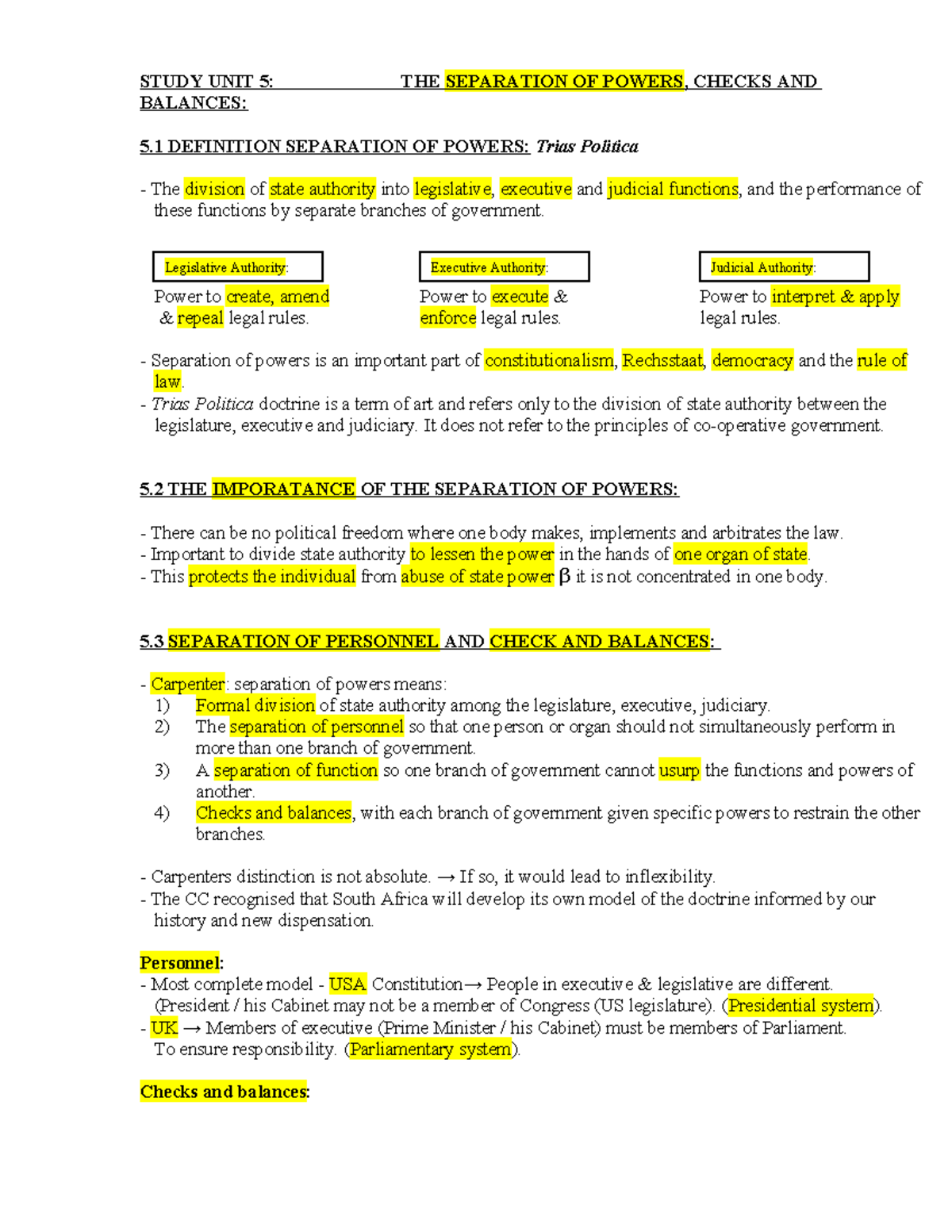 Lc0500 5 Separation of Powers - STUDY UNIT 5: THE SEPARATION OF POWERS ...