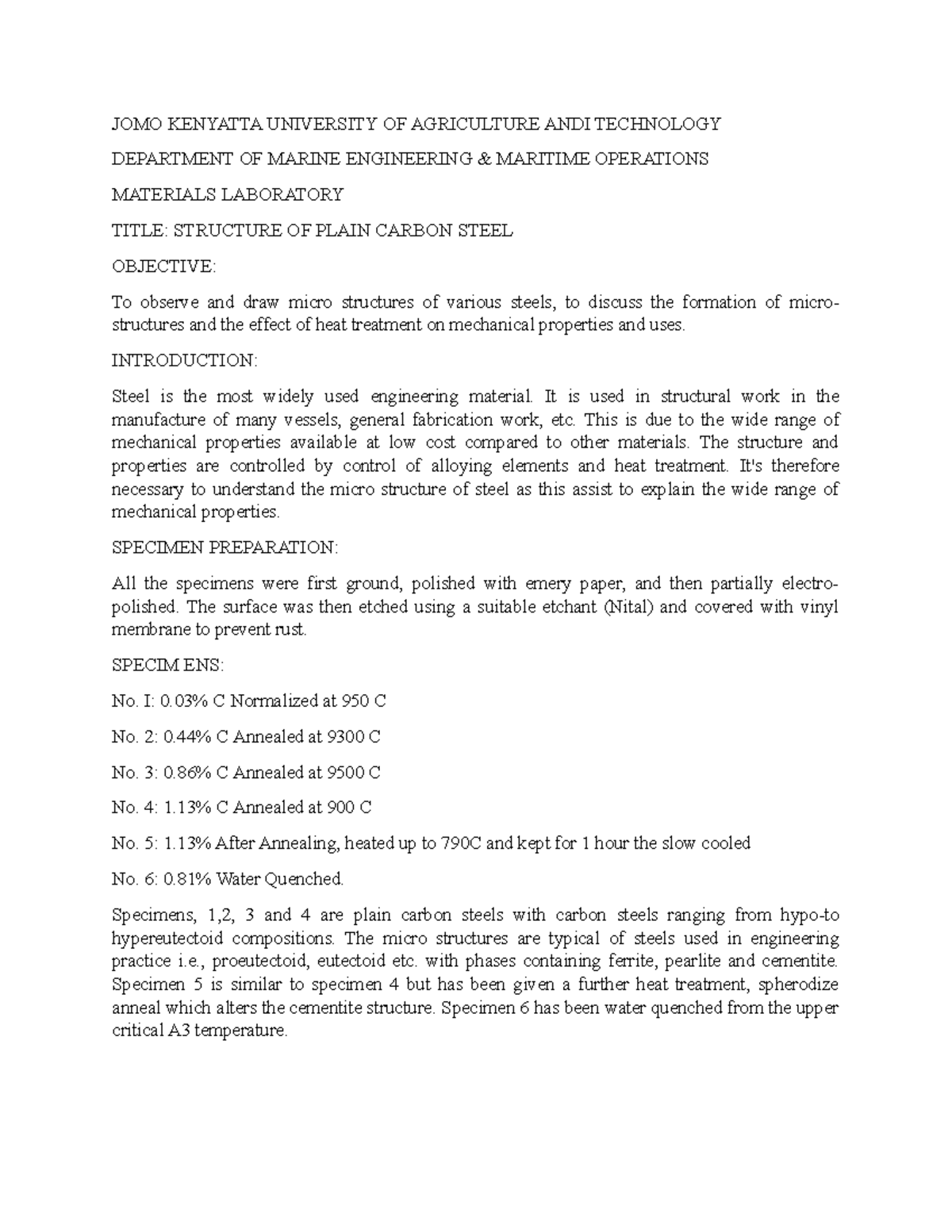 Structure OF Plain Carbon Steel - JOMO KENYATTA UNIVERSITY OF ...