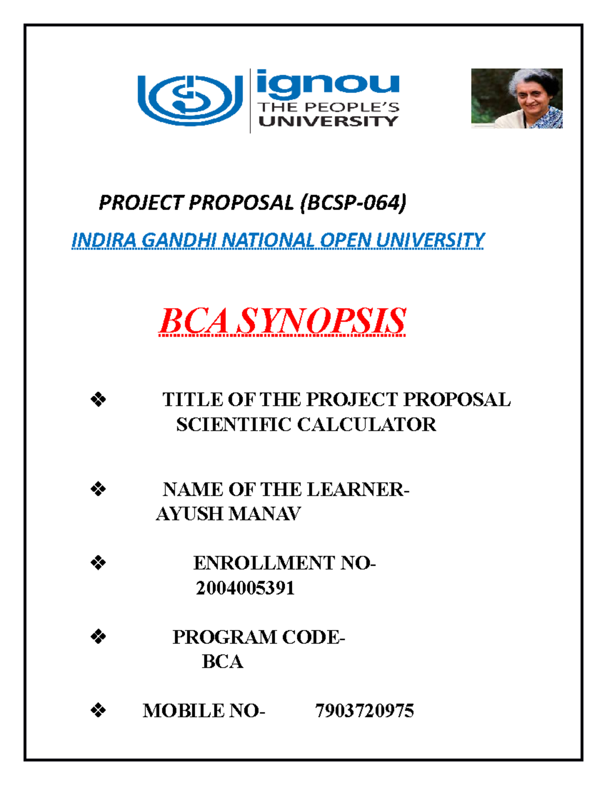 New scientific synopsis - PROJECT PROPOSAL (BCSP-064) INDIRA GANDHI ...
