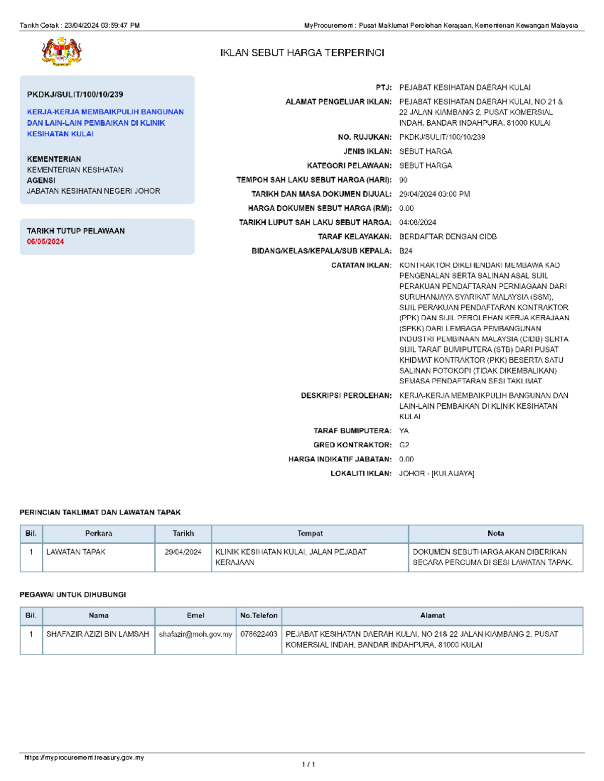 Klinik Kesihatan Kulai - Kejuruteraan awam - Tarikh Cetak : 23/04/2024 ...