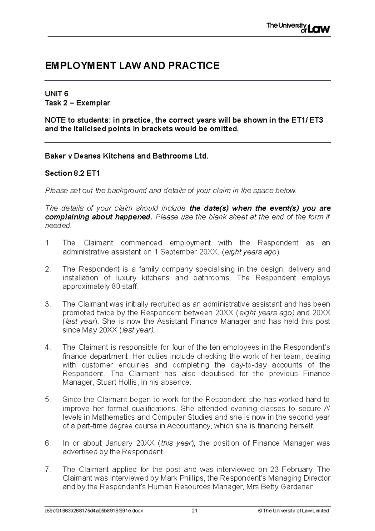 Employment Law and Practice Unit 6 Task 2 Exemplar - Studocu