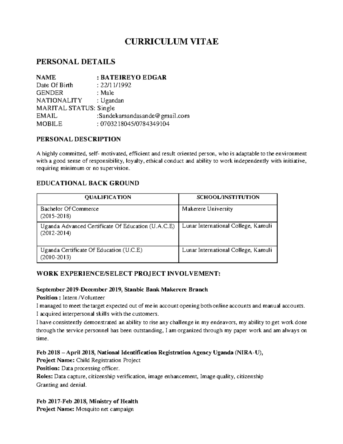 To conserned pdf edgar word - CURRICULUM VITAE PERSONAL DETAILS NAME : BATEIREYO EDGAR Date Of ...