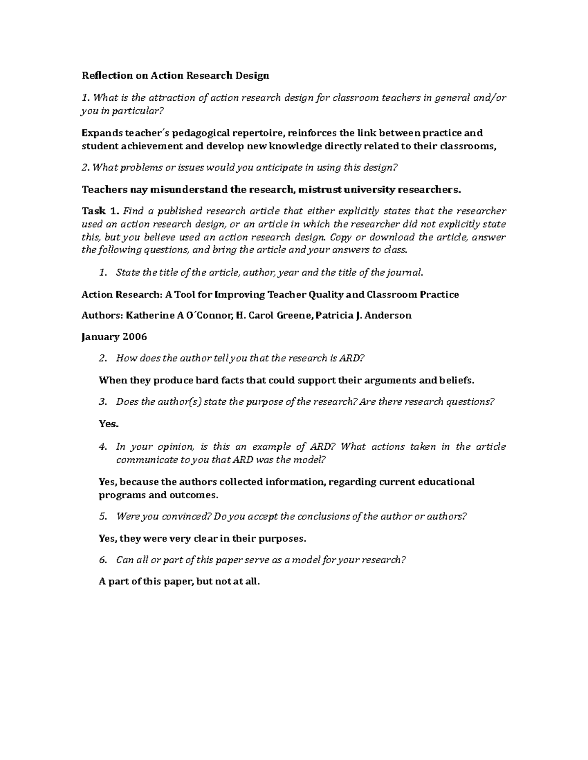 Reflection on Action Research Design - Task 1. Find a published ...