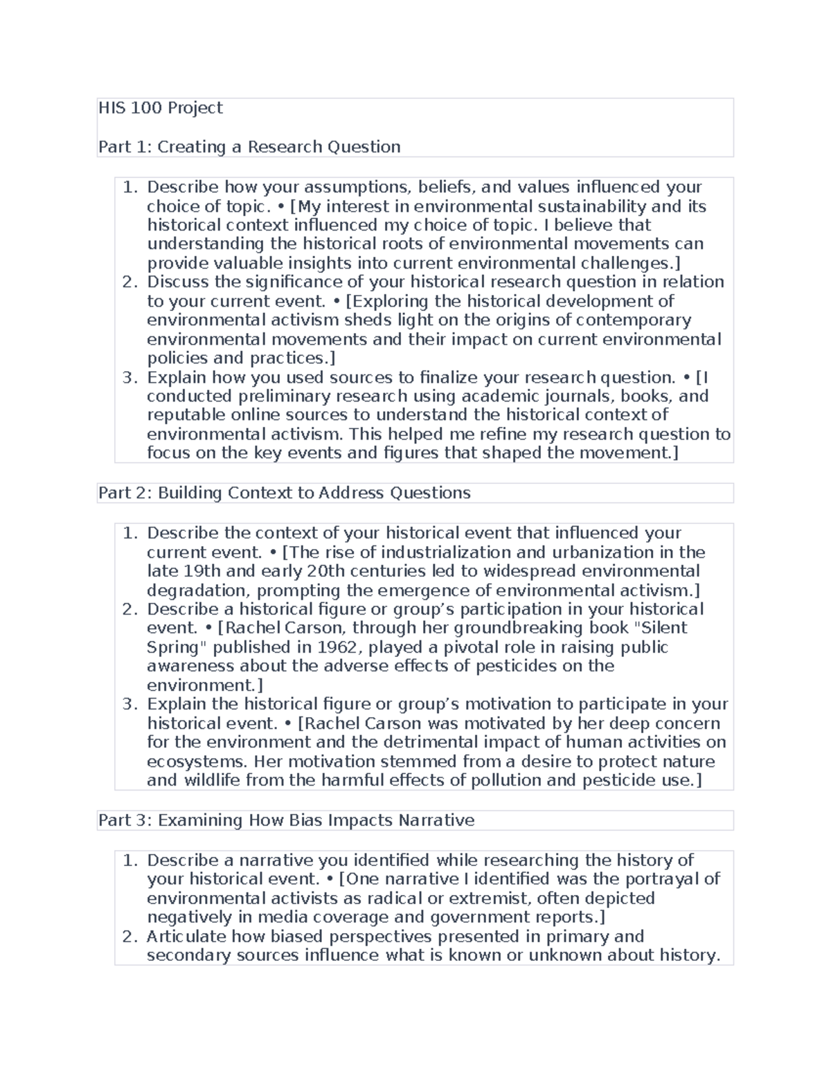 HIS 100 Project - HIS 100 Project Part 1: Creating a Research Question ...