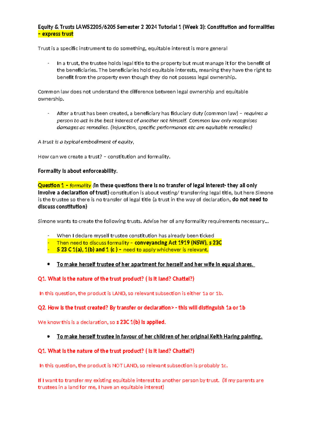 Equity and trusts tut 1 - tutorial question and answer response. practice material - Equity ...