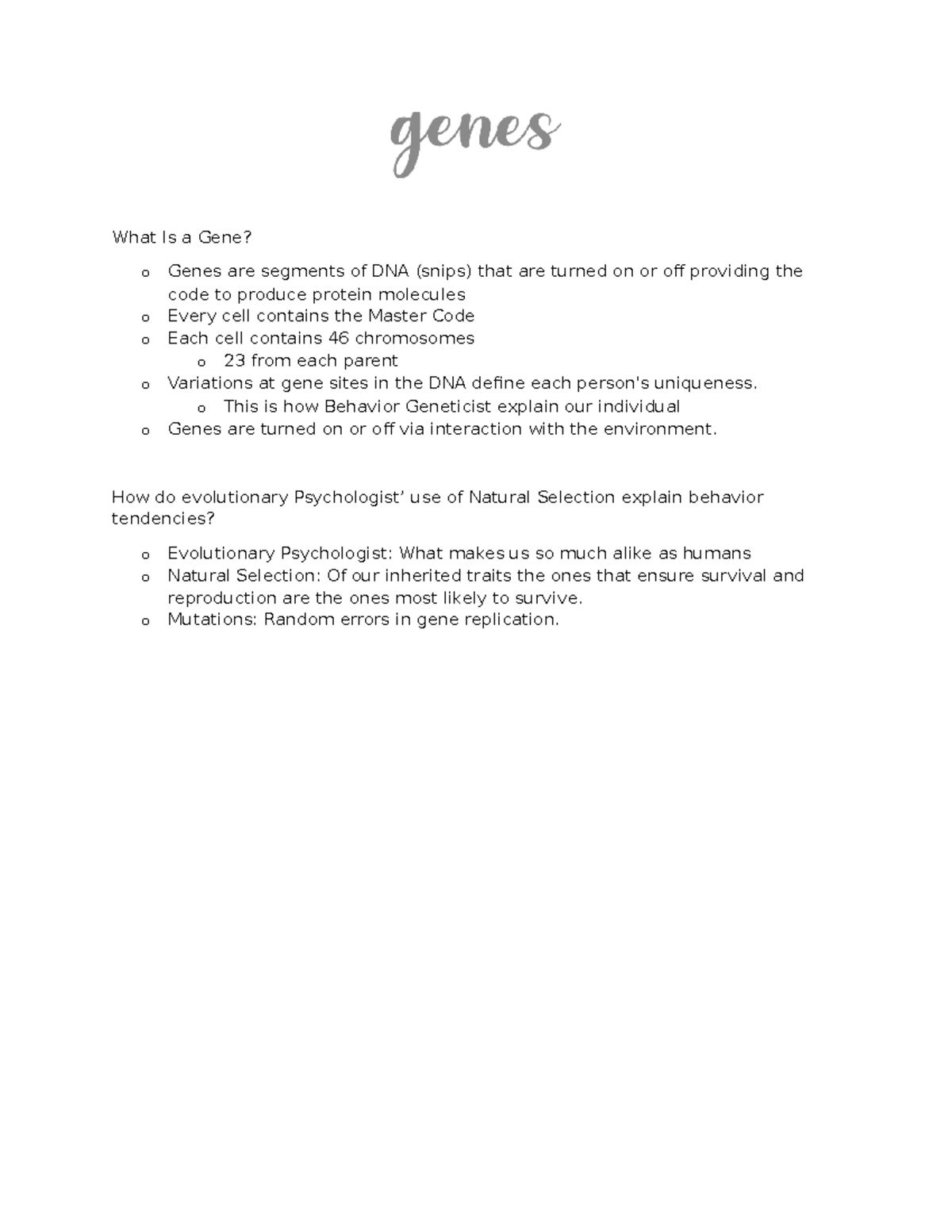Intro to Psycology Genes - PSCY 201 - Studocu
