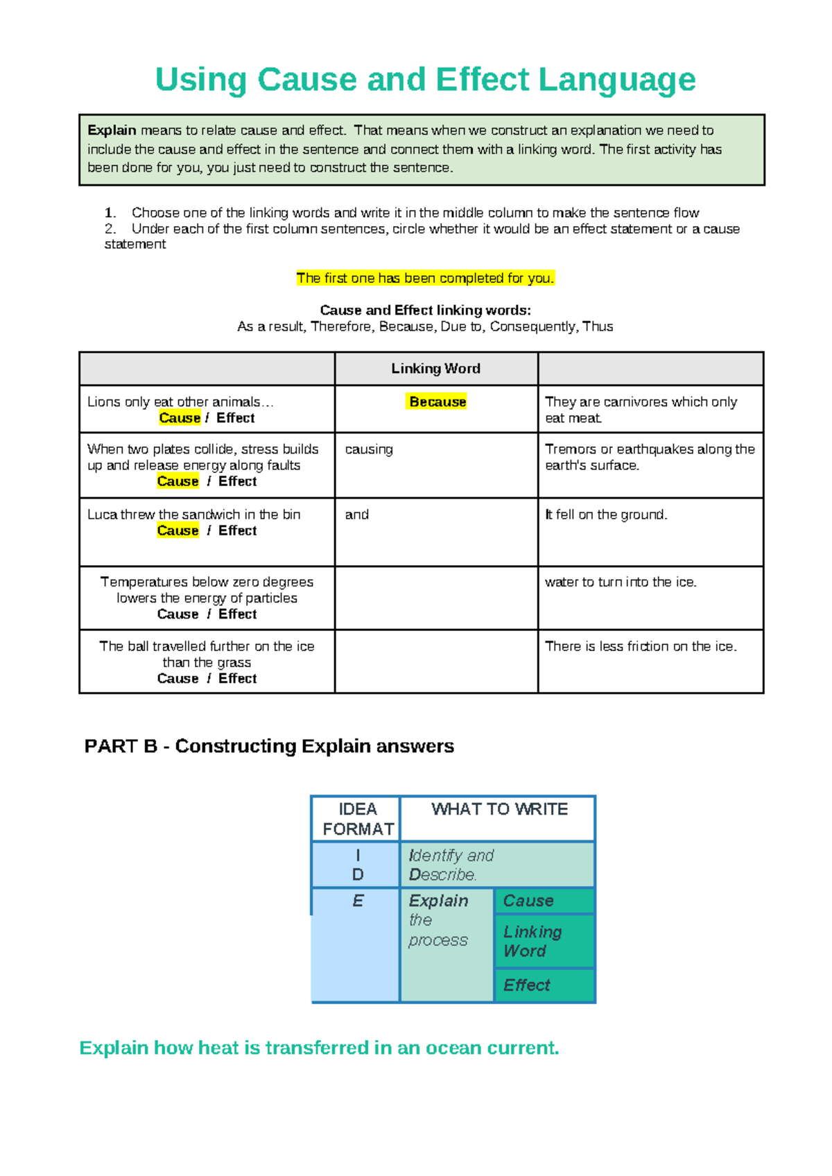 Copy of Energy Transfers Cause and Effect - Using Cause and Effect ...