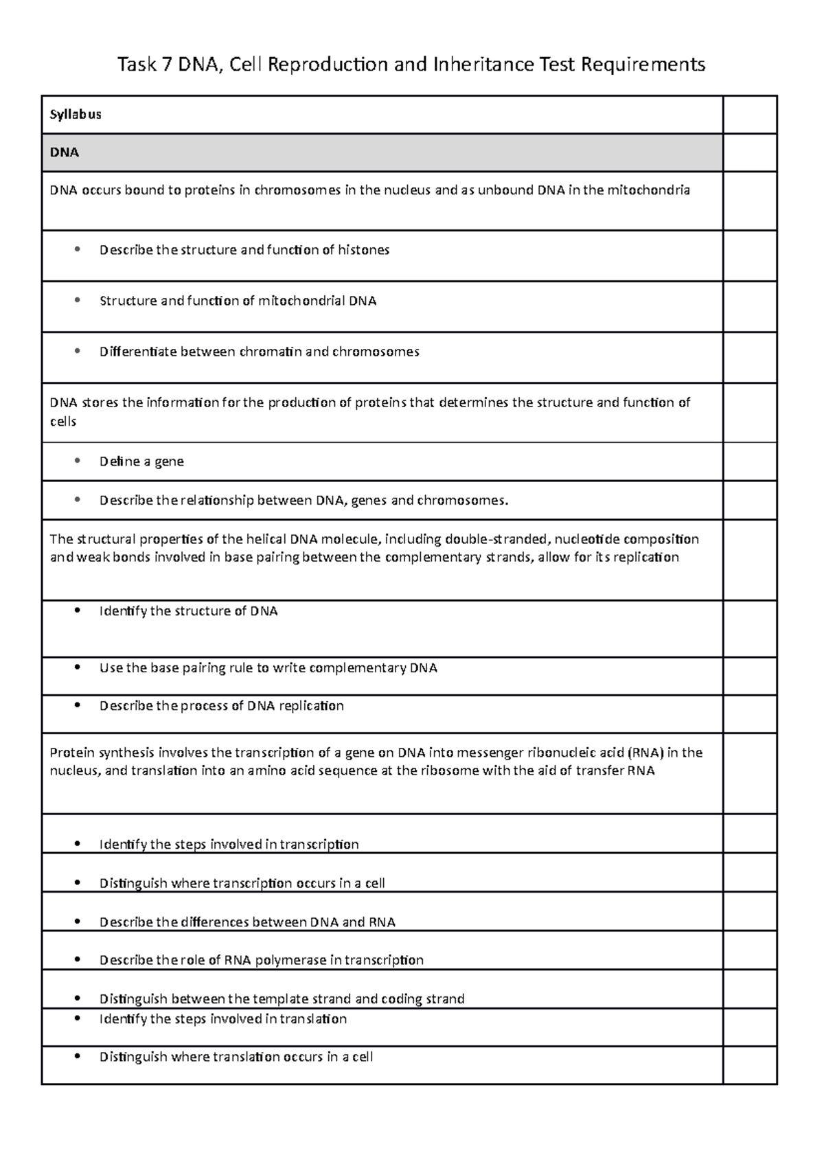 Task 7 DNA Revision Checklist - Task 7 DNA, Cell Reproduction and ...