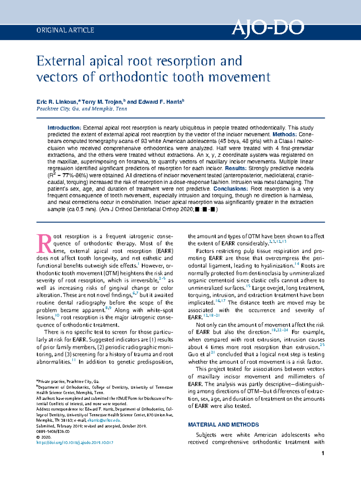 External apical root resorption and vectors of orthodontic toot movement - Linkous,a Terry M ...