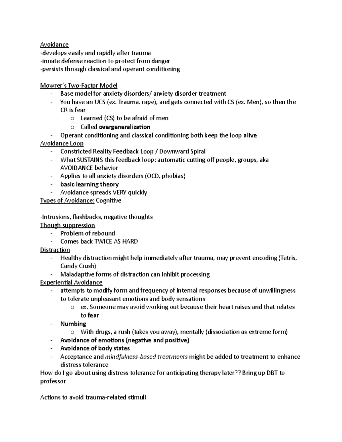 Avoidance and Dissociation - Avoidance -develops easily and rapidly ...