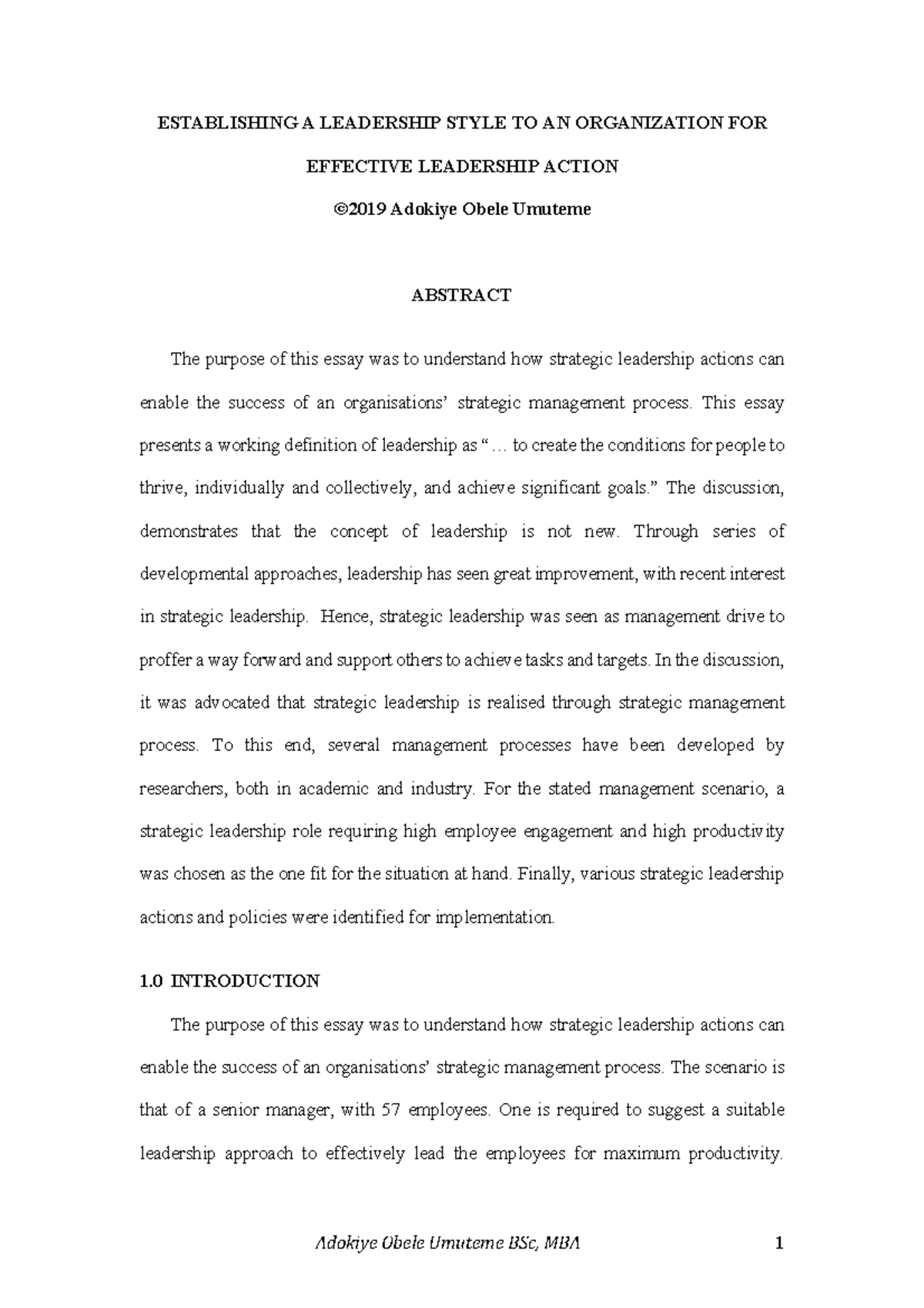 Establishing A Leadership Style TO AN OR - ABSTRACT The purpose of this ...