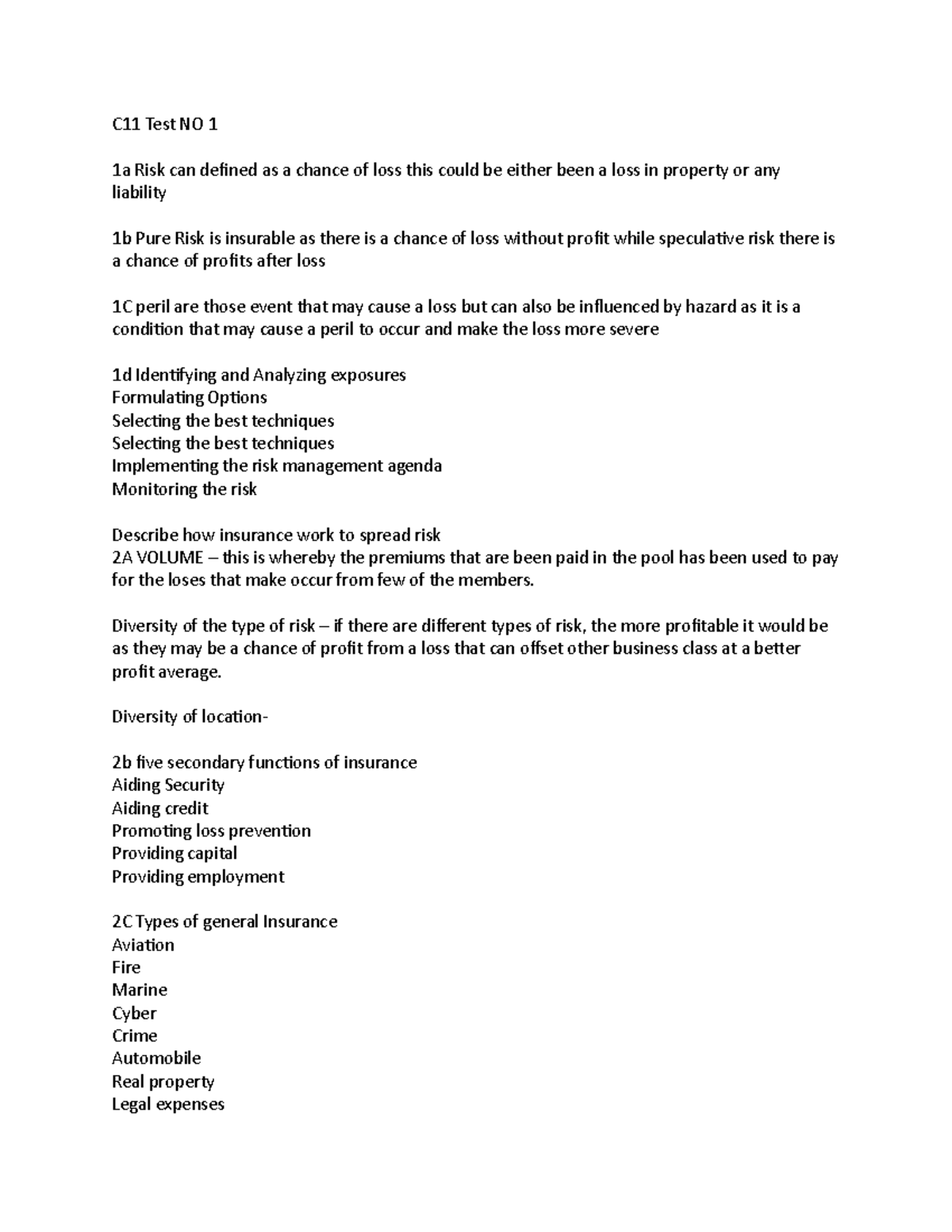 C11 Test NO 1 - c11 principle of insurance - C11 Test NO 1 1a Risk can ...