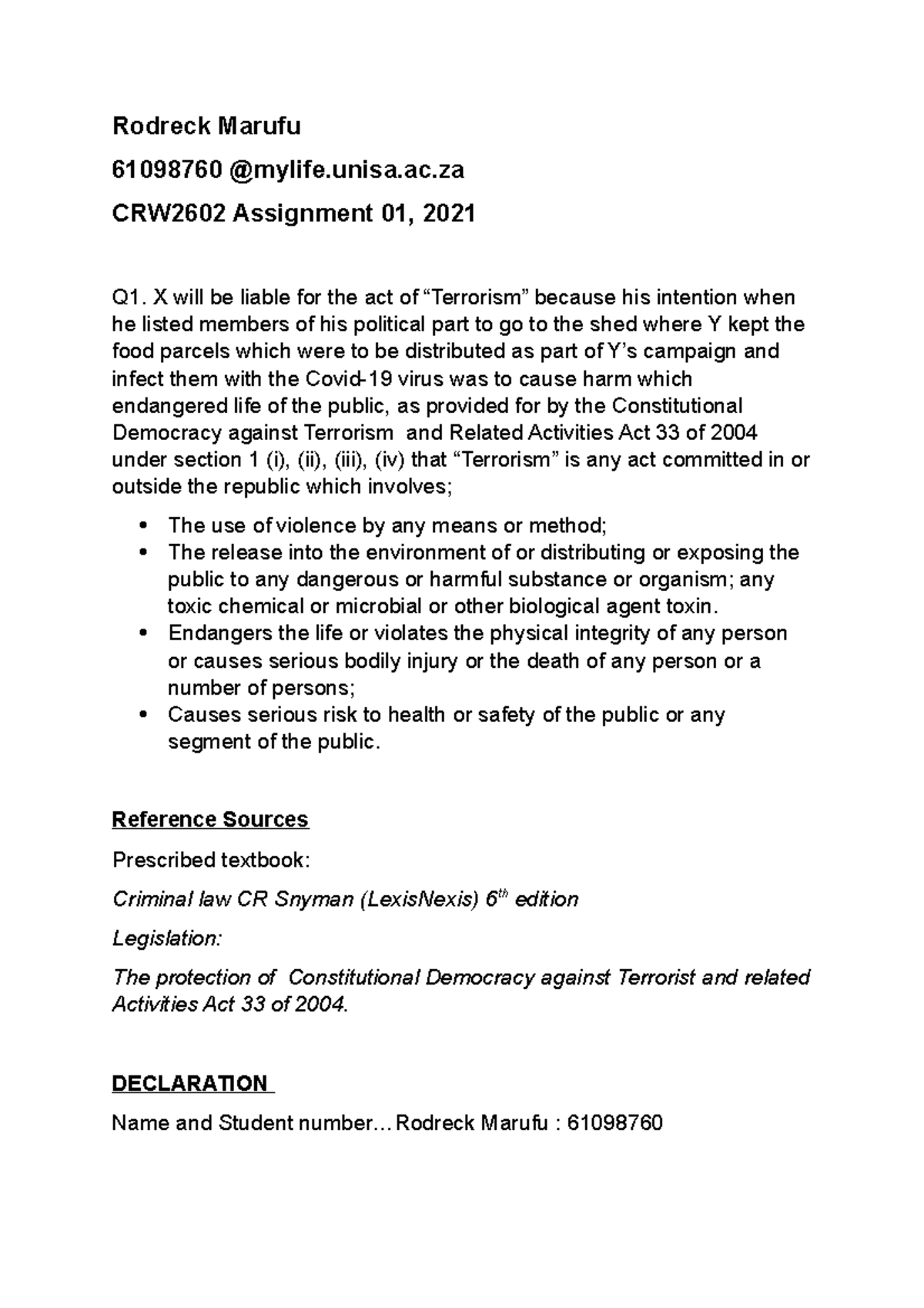 Rodreck Marufu CRW2602 Assignment 01 - Rodreck Marufu 61098760 @mylife.unisa.ac CRW2602 ...