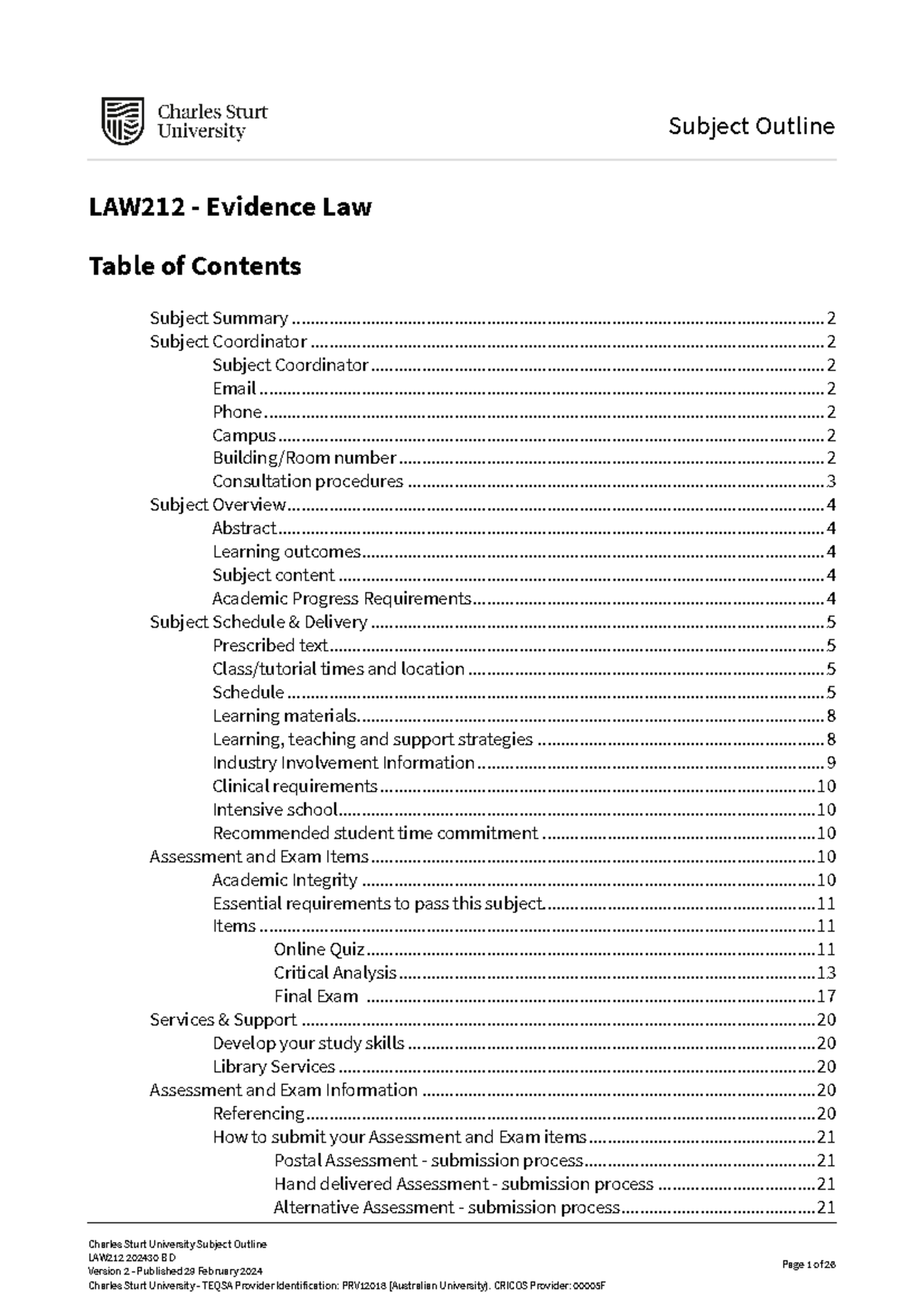 2024 Subject Outline - Subject Outline LAW212 - Evidence Law Charles ...