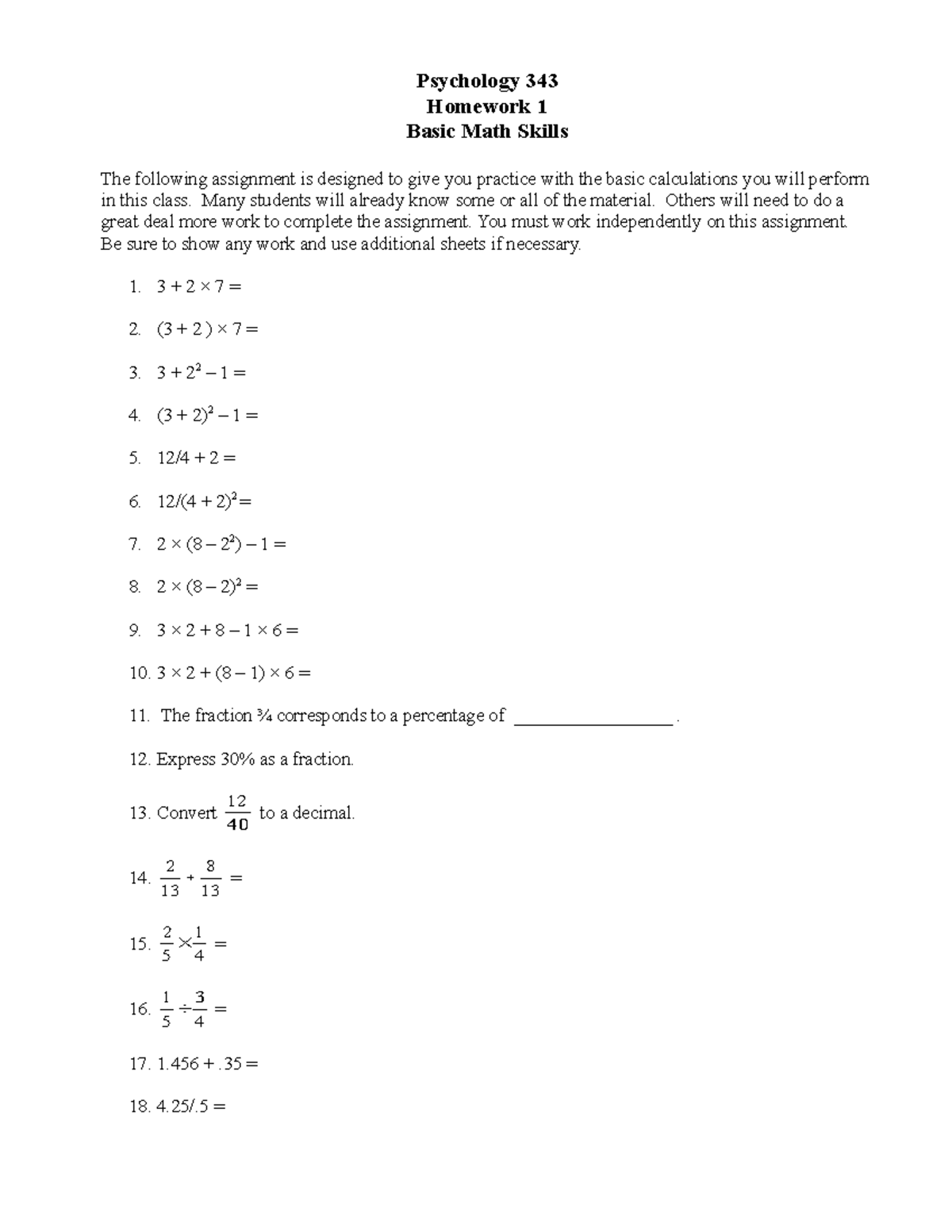 PSCH 343 Homework 1 - Psychology 343 Homework 1 Basic Math Skills The ...