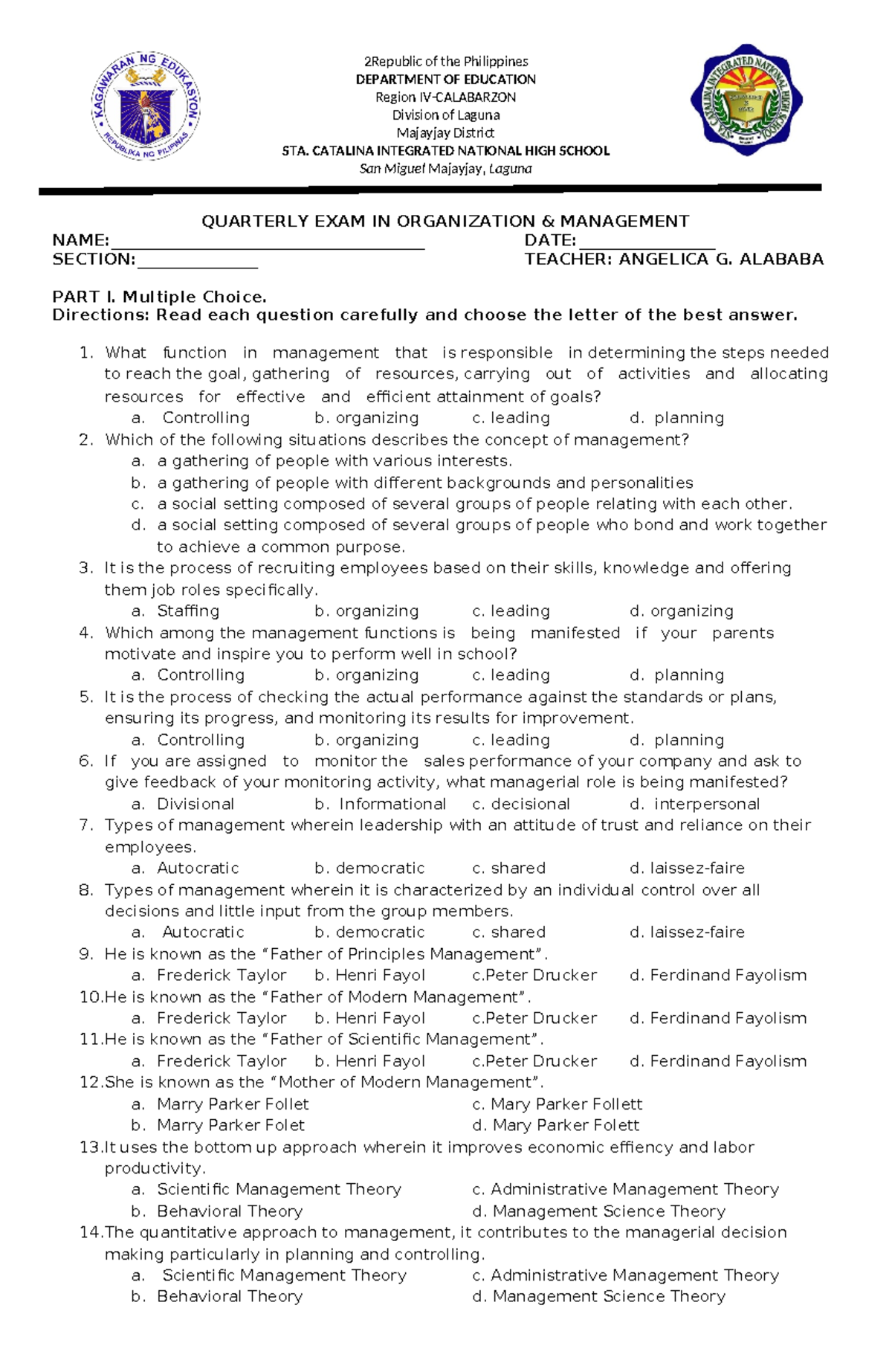 1st Quarter EXAM- ORGMn - 2Republic of the Philippines DEPARTMENT OF ...